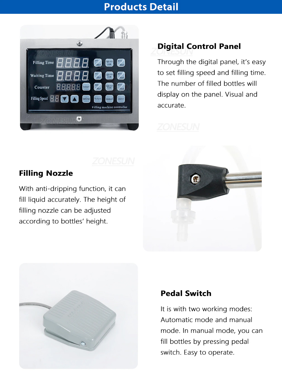 ZONESUN GFK-280 Liquid Filler Digital Control Footswitch Semi-Automatic ...