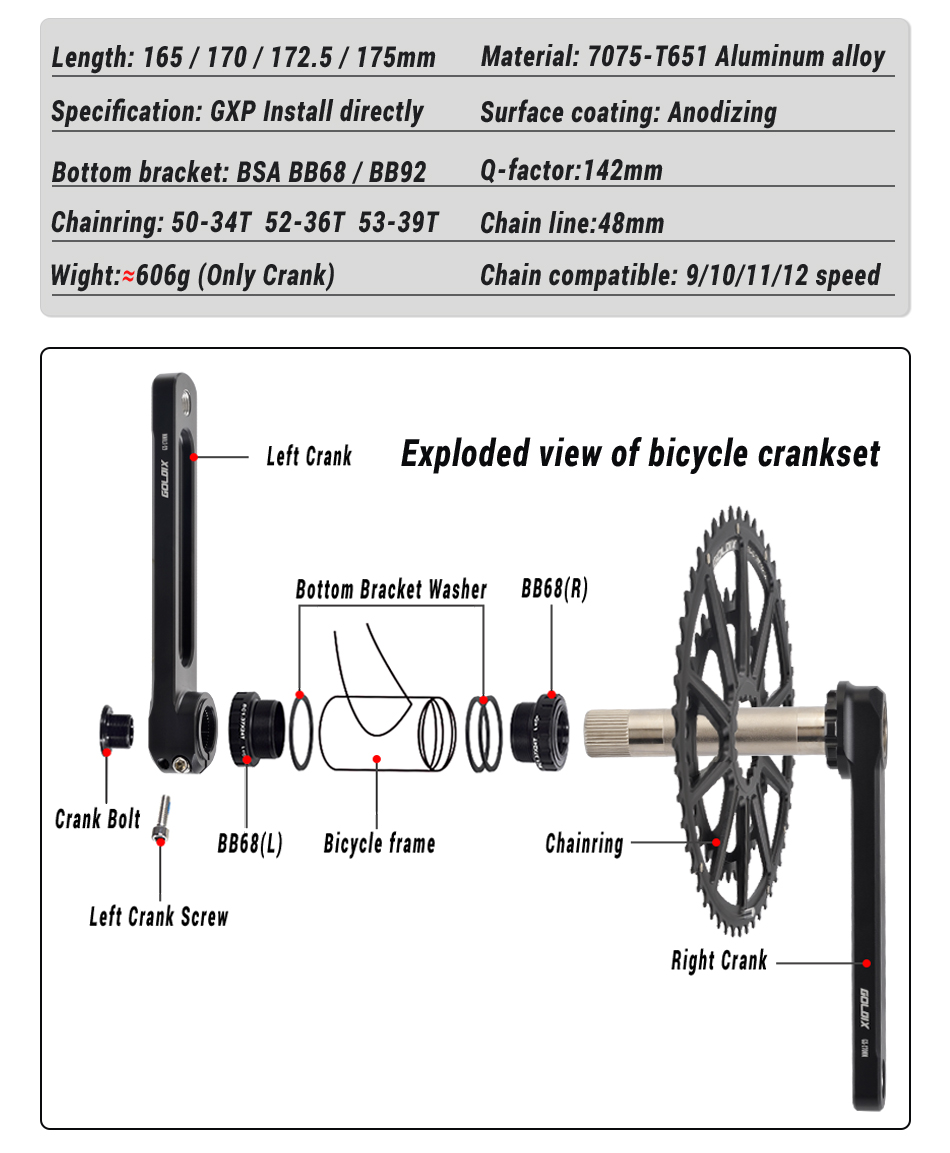 Crankset road bike CNC hollowtech crank arm 165mm 170mm 172.5mm 175mm ...