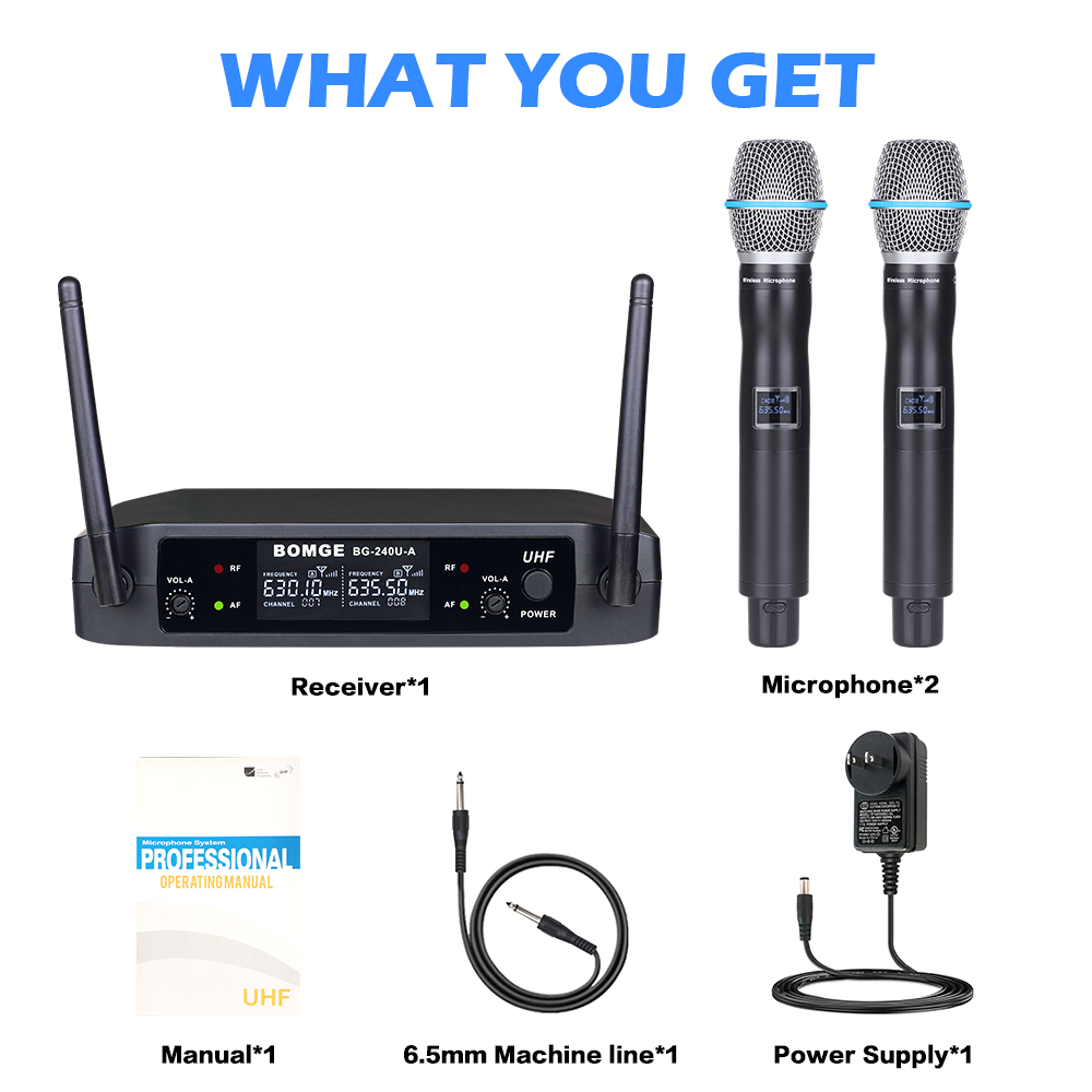 BOMGE UFH Wireless Microphone,Metal Dual Professional UHF Cordless Handheld Microphone System ...