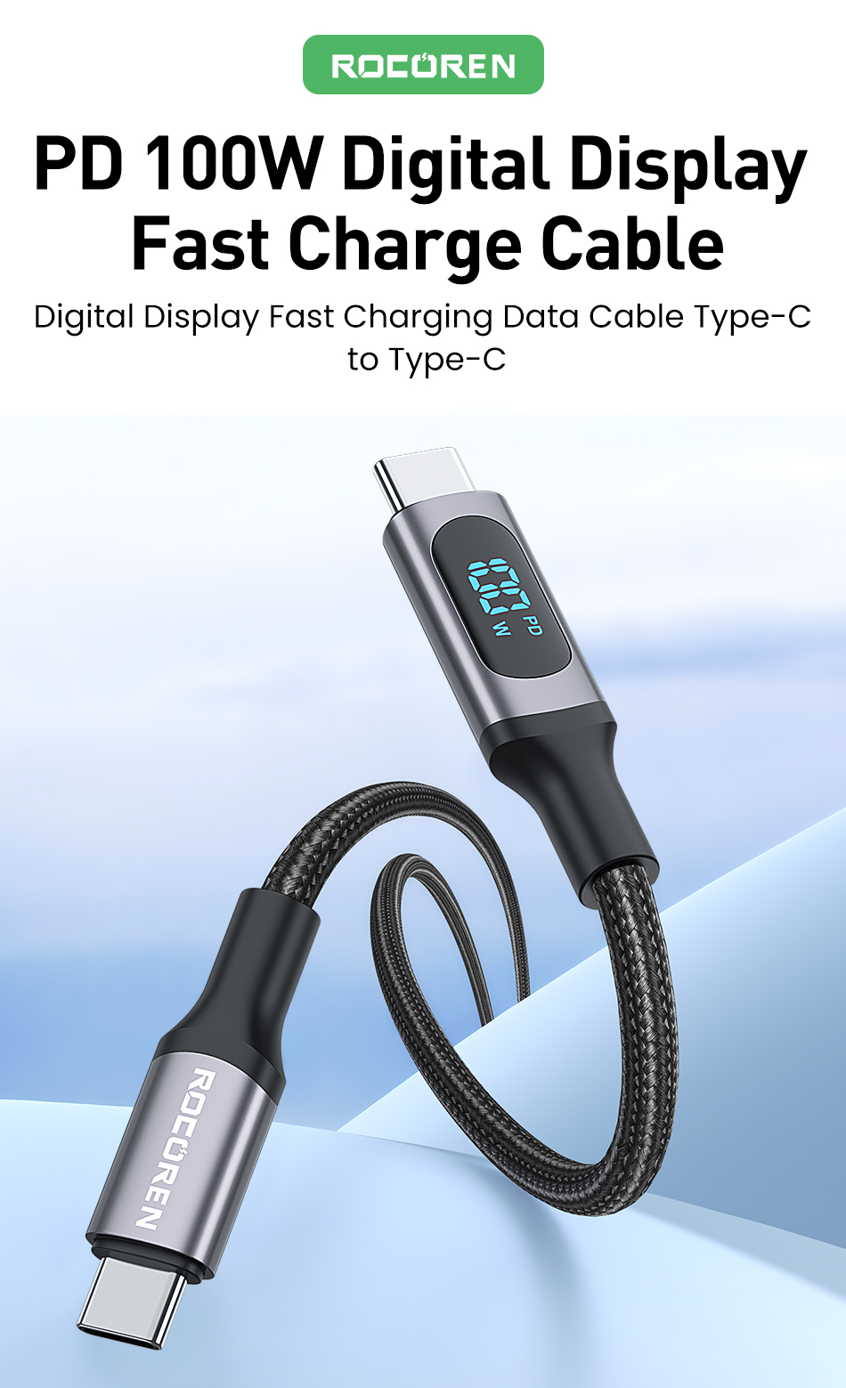 Rocoren PD 100W LED Display USB Type C Cable 5A Quick Charge Fast ...