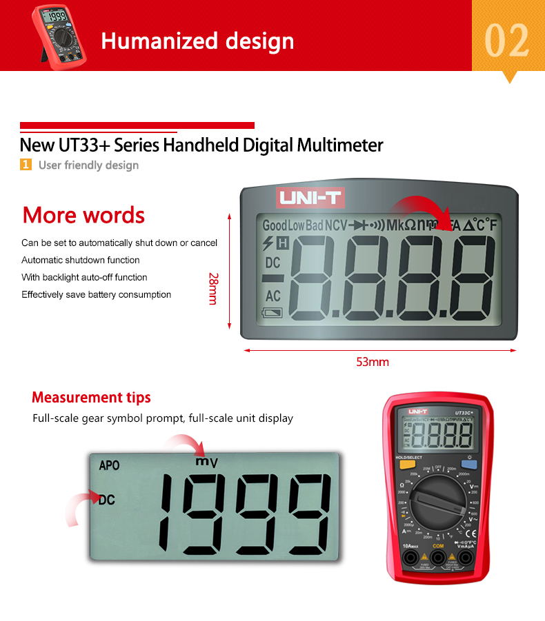 UNI-T UT33+ Series AC DC 600V DC 10A Palm Size Digital Multimeter UT33A+ UT33B+ UT33C+ UT33D ...
