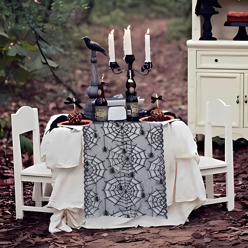 30x180cm Halloween Lace Spider Web Table Runner 6 Seater Lace Round ...