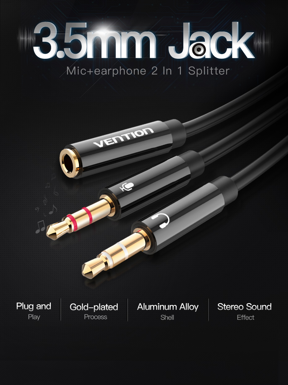 Vention Audio Splitter Headphone Adapter AUX Cable for Computer Mic Y ...