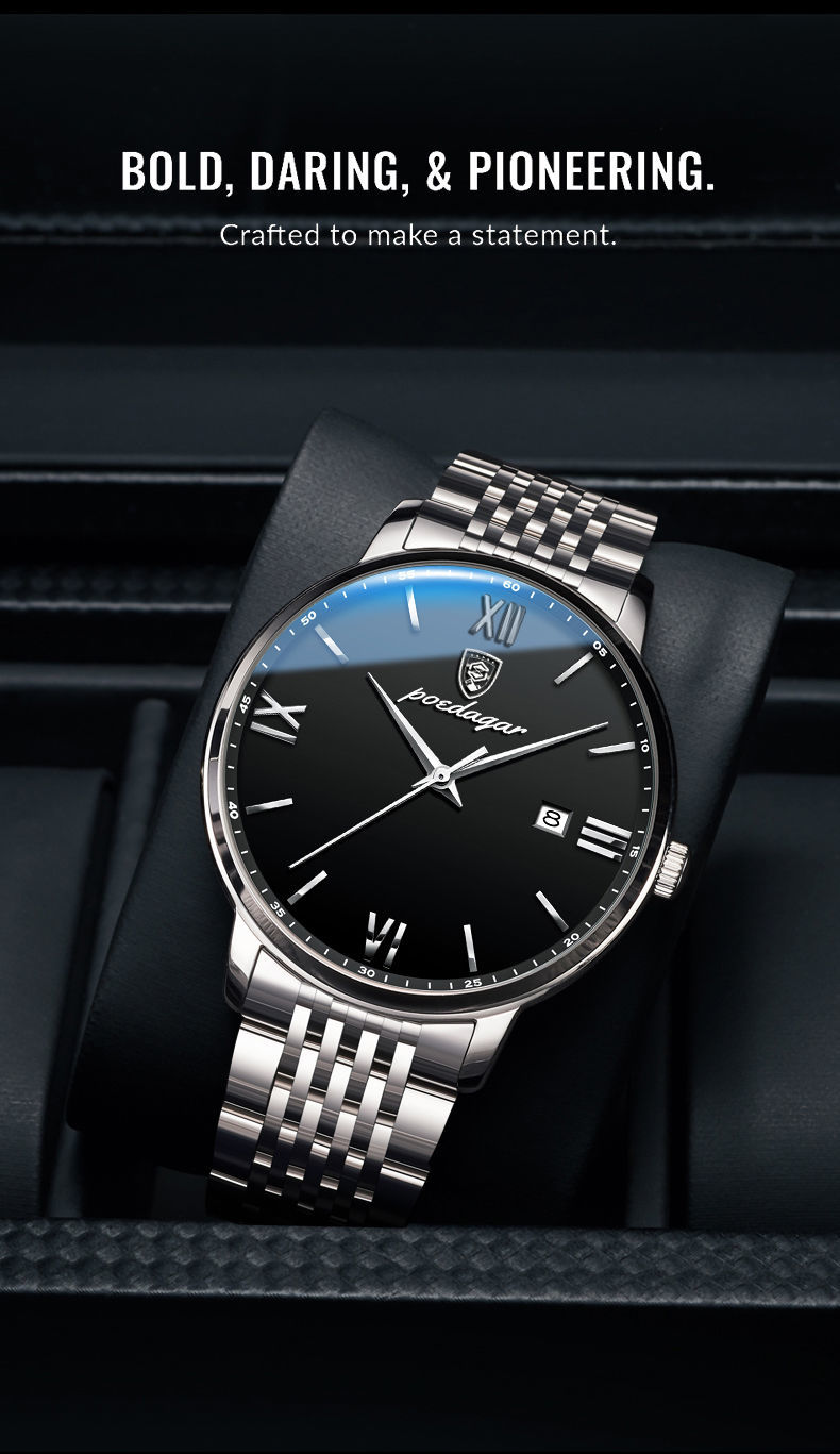 POEDAGAR Men's Watch Fashion Luxury Steel Metal Waterproof Quartz Watch ...