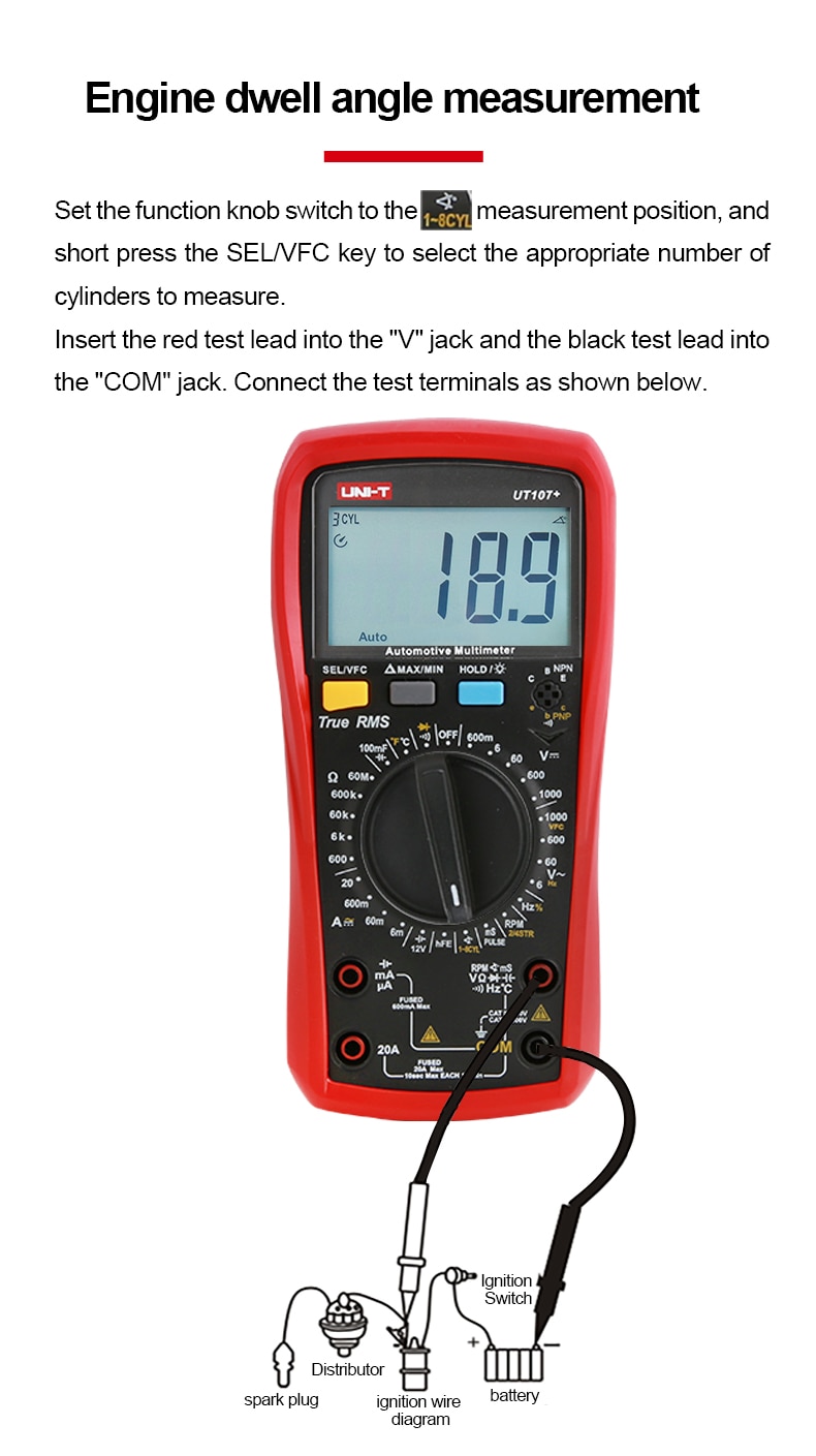 UNI-T Digital Automotive Multimeter Car UT105+ UT107+ AC DC Current ...