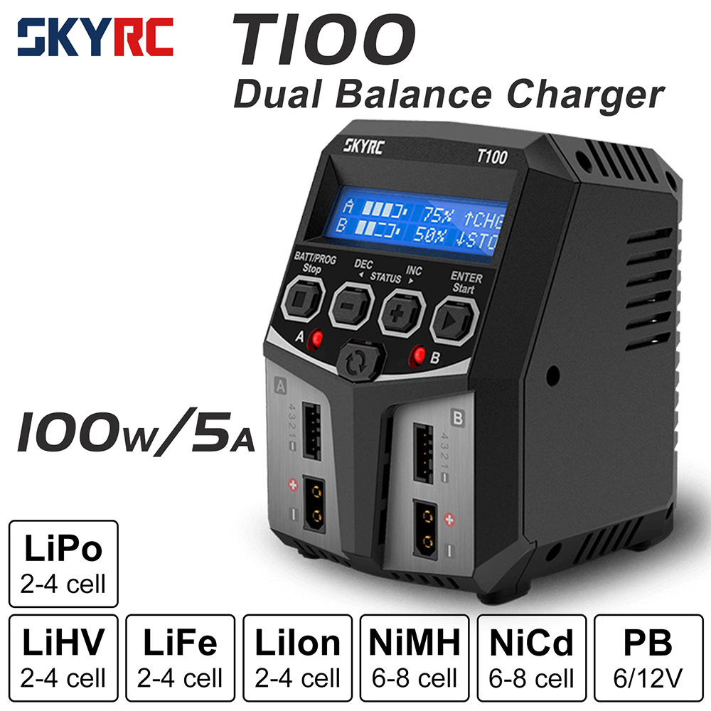 SKYRC T100 AC Lipo Battery Balance Charger Dual 5A 2X50W 2-4S Charger ...