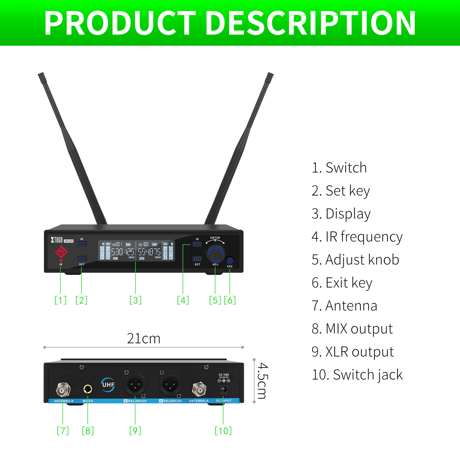 XTUGA XM200 Professional 2 Channel UHF Wireless Microphone System, True Diversity Wireless ...
