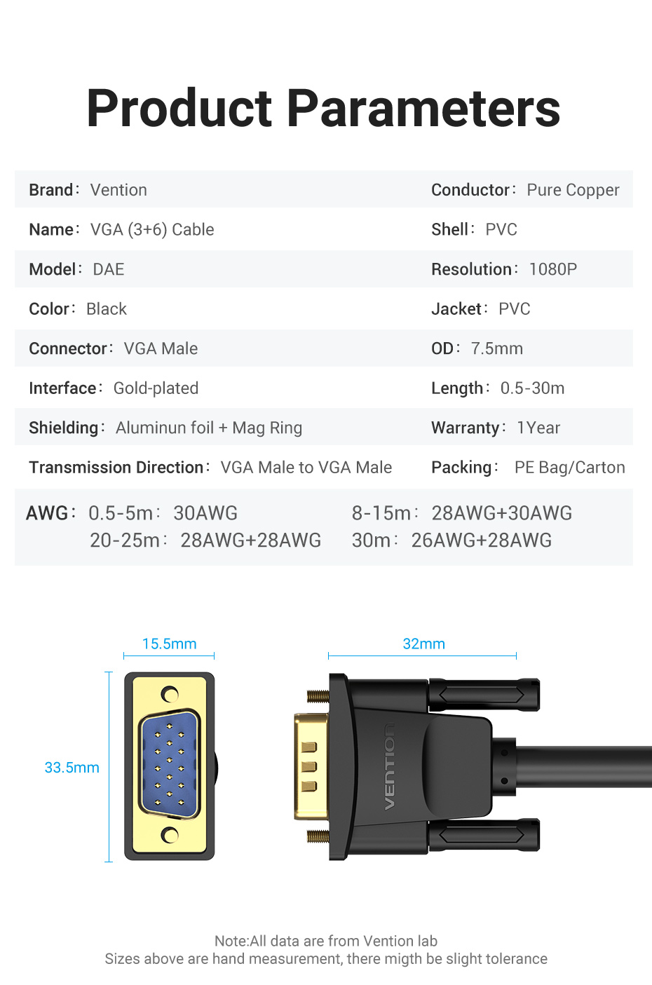 Vention VGA Cable Dual Ferrite Cores 1080P VGA Cable for Projector TV ...