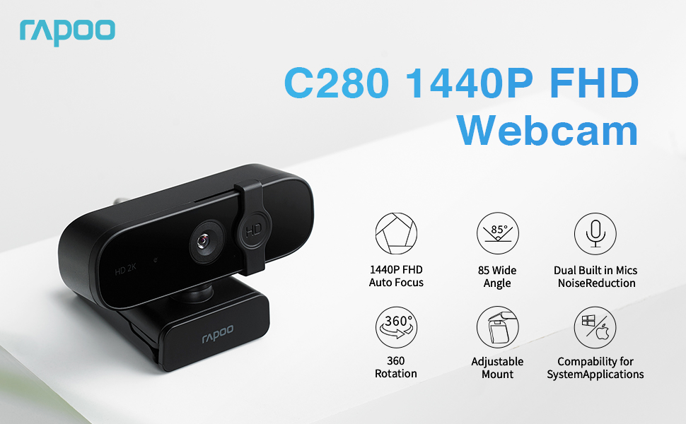 Rapoo C280 Webcam 2K 1440P HD Web Cam with Noise Cancelling Mic Web ...