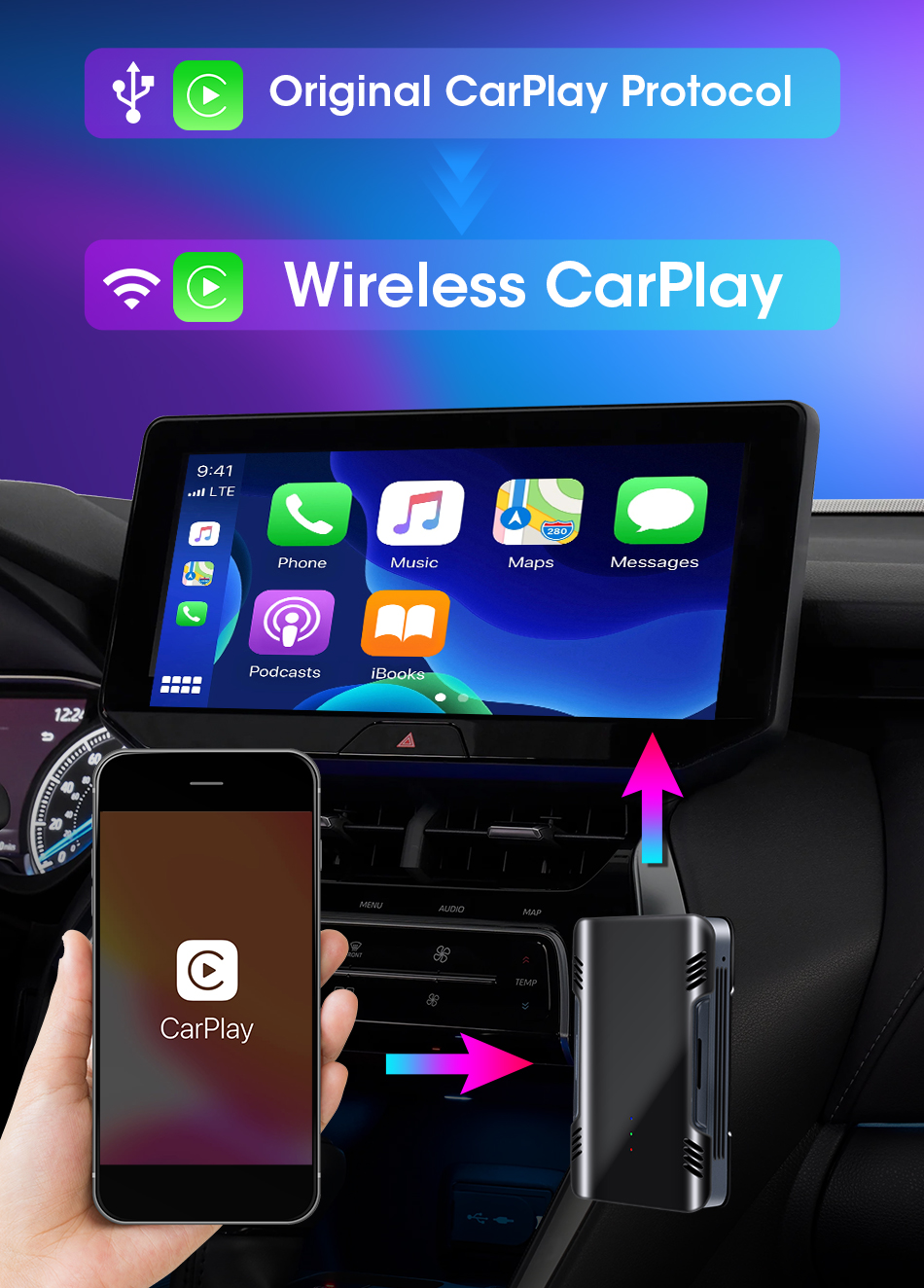 Carlin Kit Wireless Carplay Car Adapter Bluetooth USB Control Smart ...