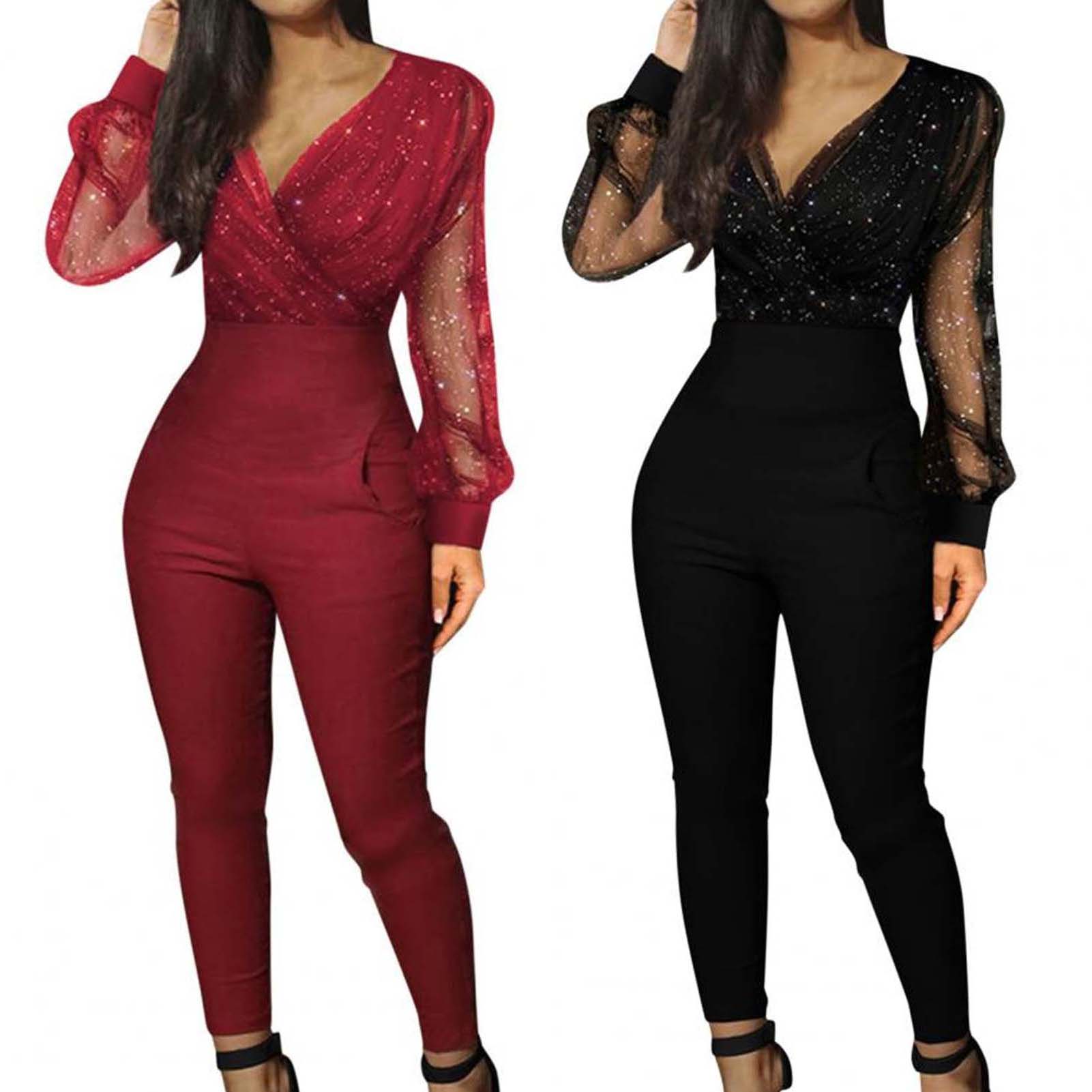 Women's V Neck Mesh Pleated Overalls High Waist Lace See Through Sleeve ...