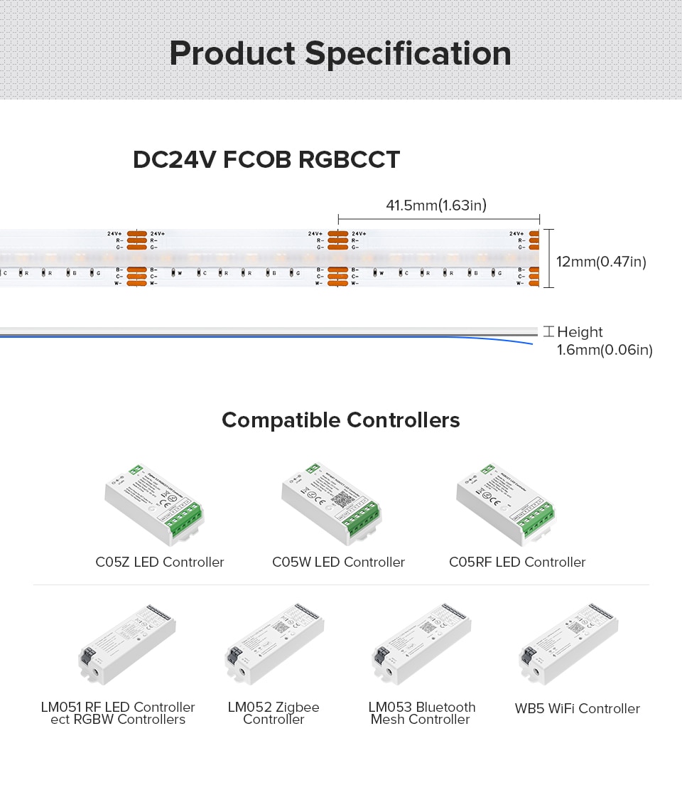 BTF-LIGHTING FCOB RGBCCT COB LED Strip Light 6 Pins 12mm DC24V 960LEDs ...