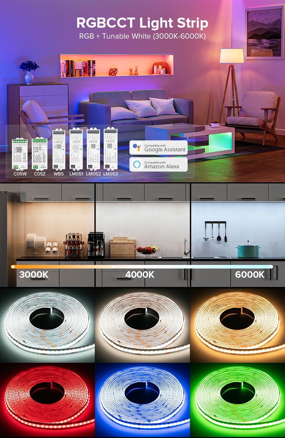 BTF-LIGHTING FCOB RGBCCT COB LED Strip Light 6 Pins 12mm DC24V 960LEDs ...