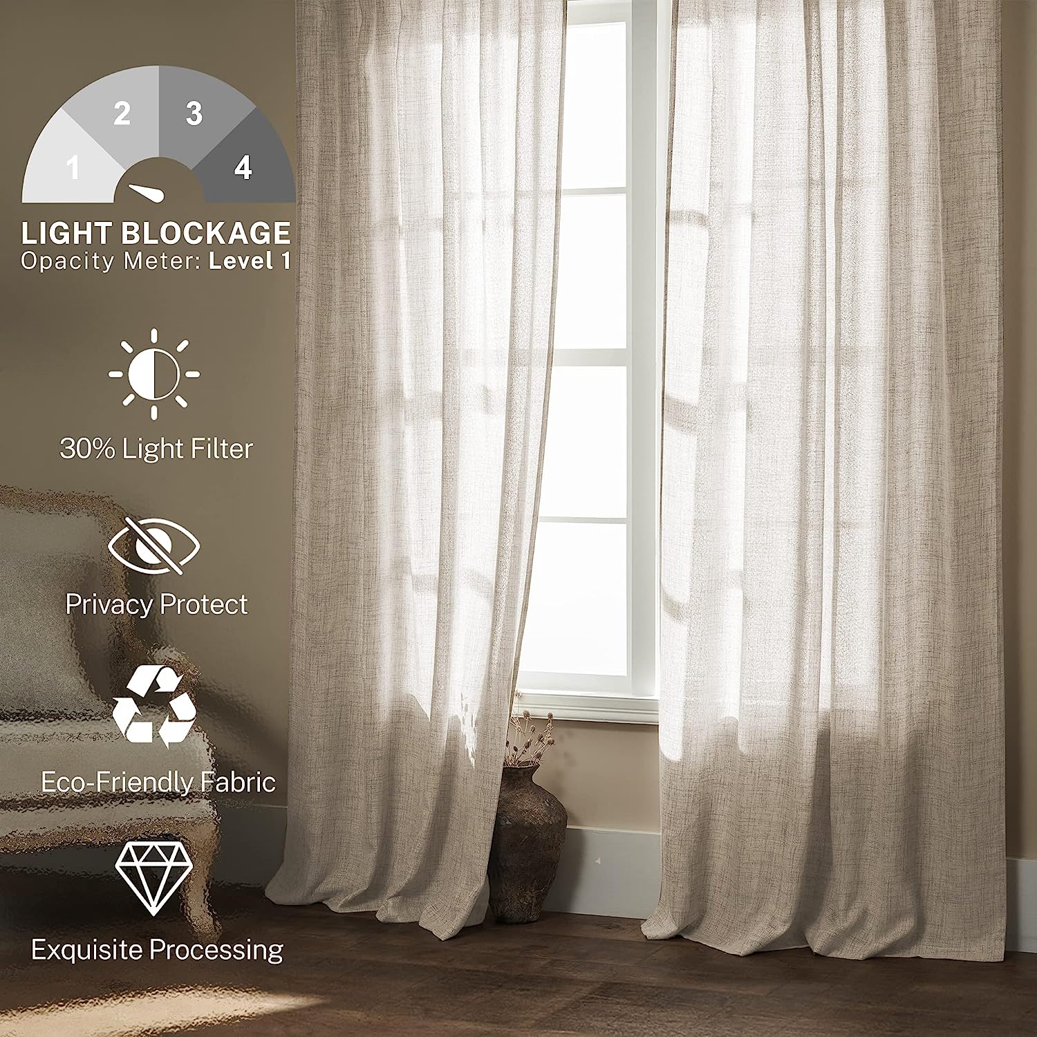 Linen-Look Sheer Curtain Magaan Malinis na Tirahan Window Cover ...