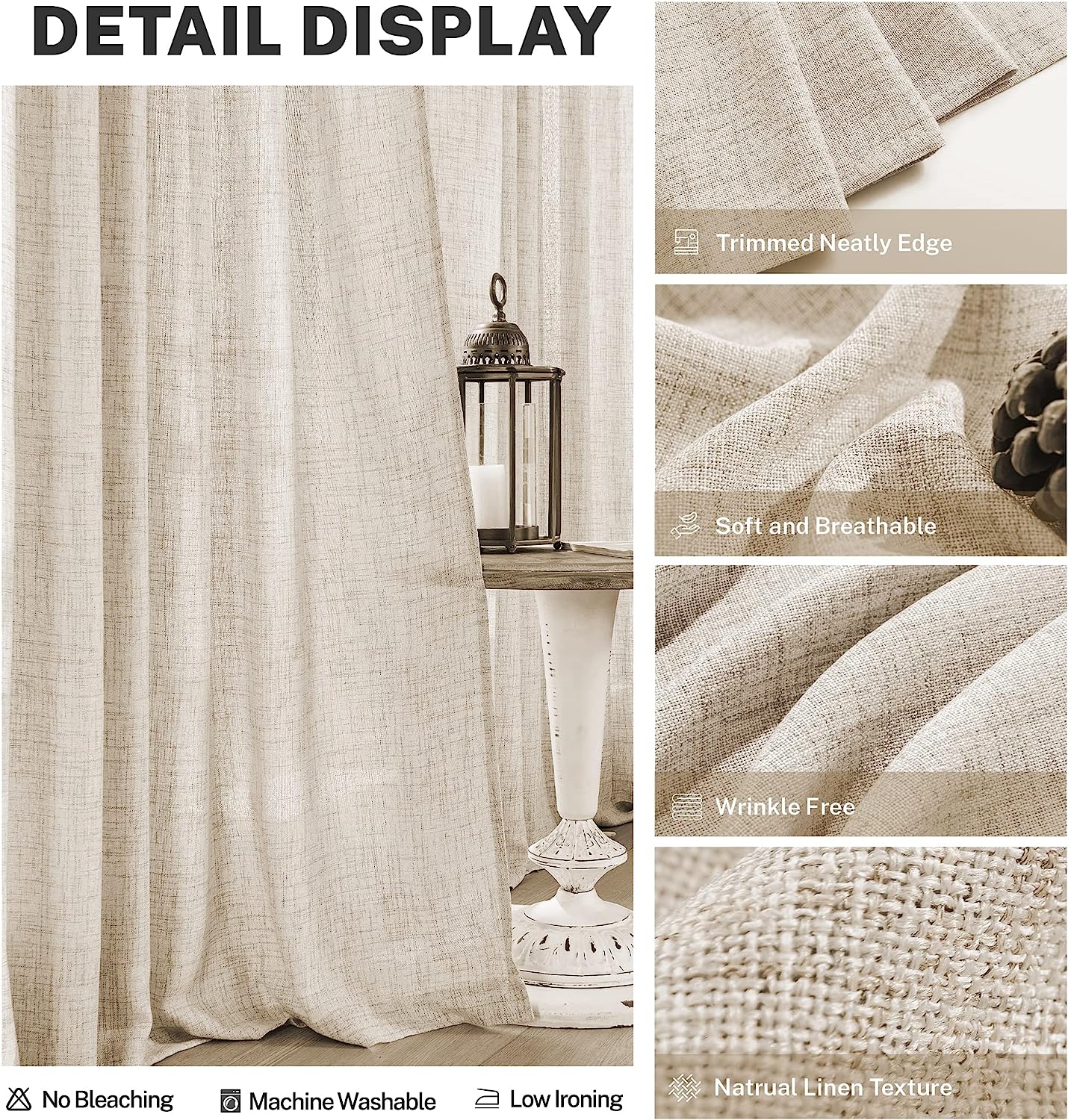 Linen-Look Sheer Curtain Magaan Malinis na Tirahan Window Cover ...