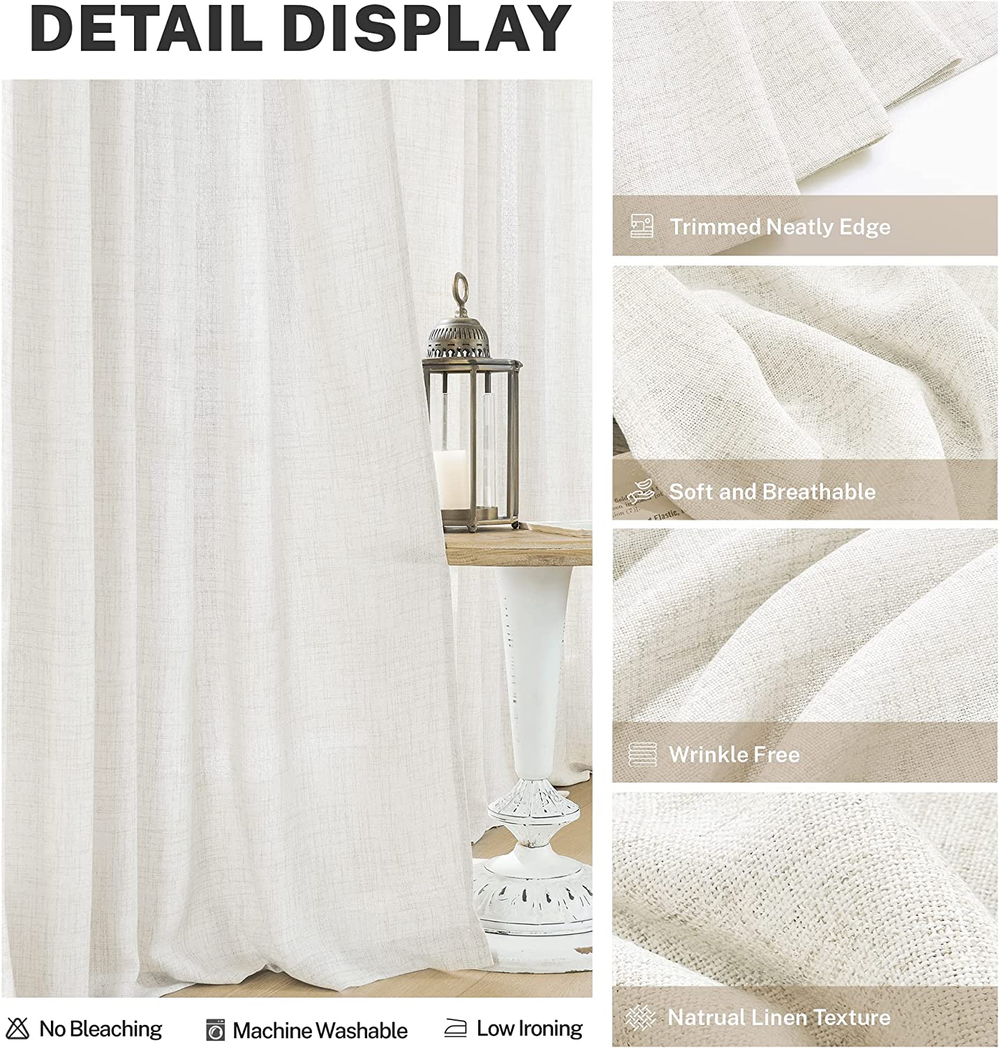 Linen-Look Sheer Curtain Magaan Malinis na Tirahan Window Cover ...