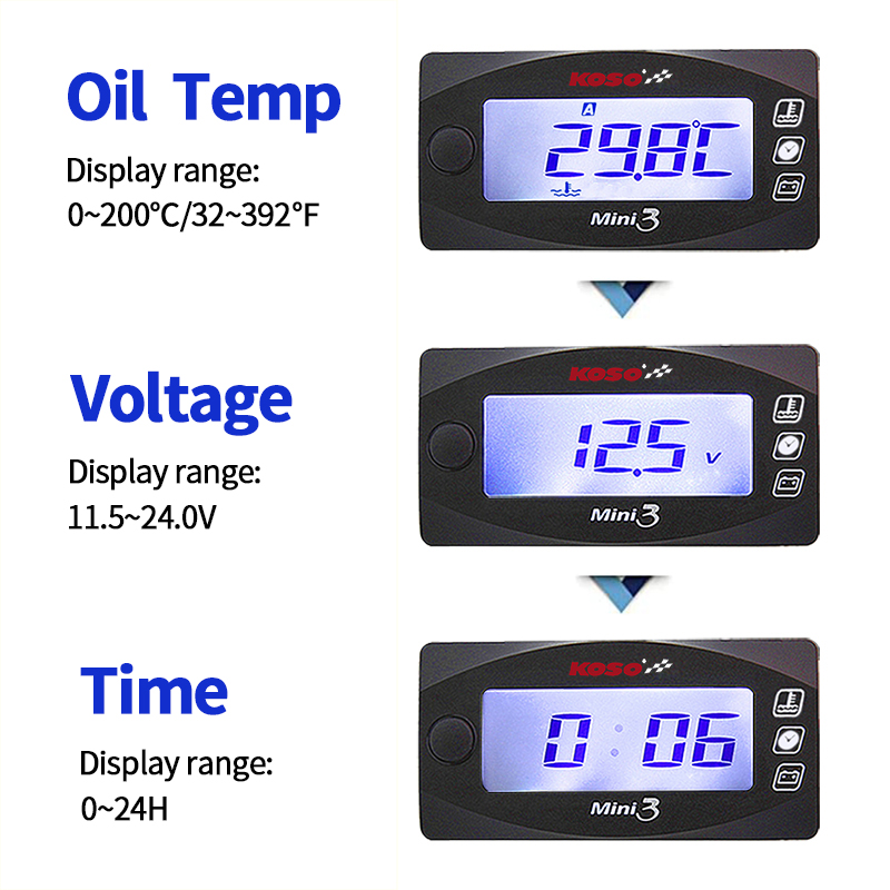Motorcycle KOSO Mini 3 in 1 Oil Temperature Meter Time Clock Voltmeter Oil Temp Digital Gauge ...