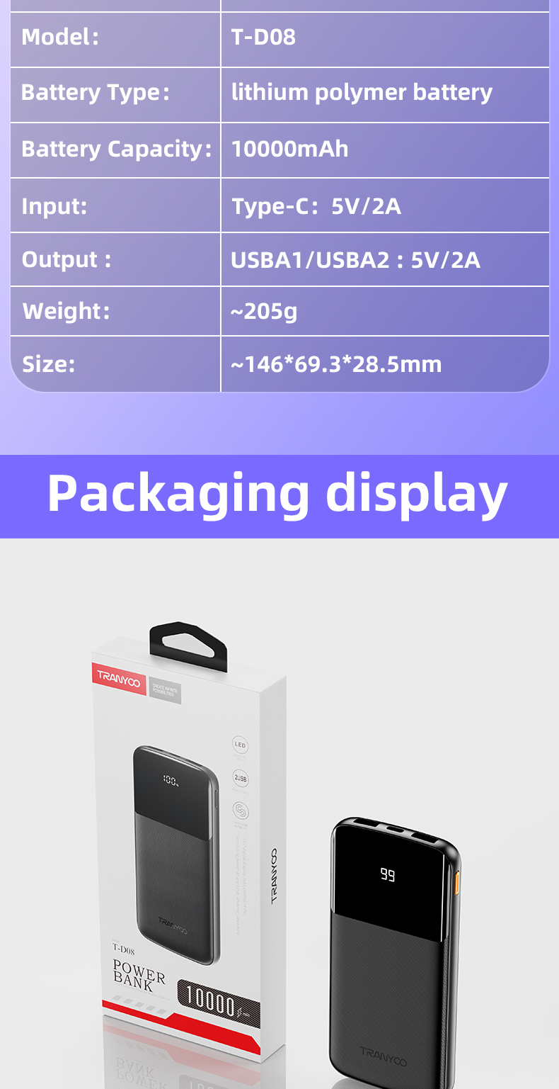 Tranyoo D08 10000mAh Powerbank Original 2.1A Fast Charge Stylish Patterns Slim And Portable ...