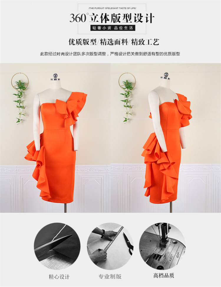 3D Ruffle Edge Oblique Shoulder Evening Dress One Shoulder Irregular ...