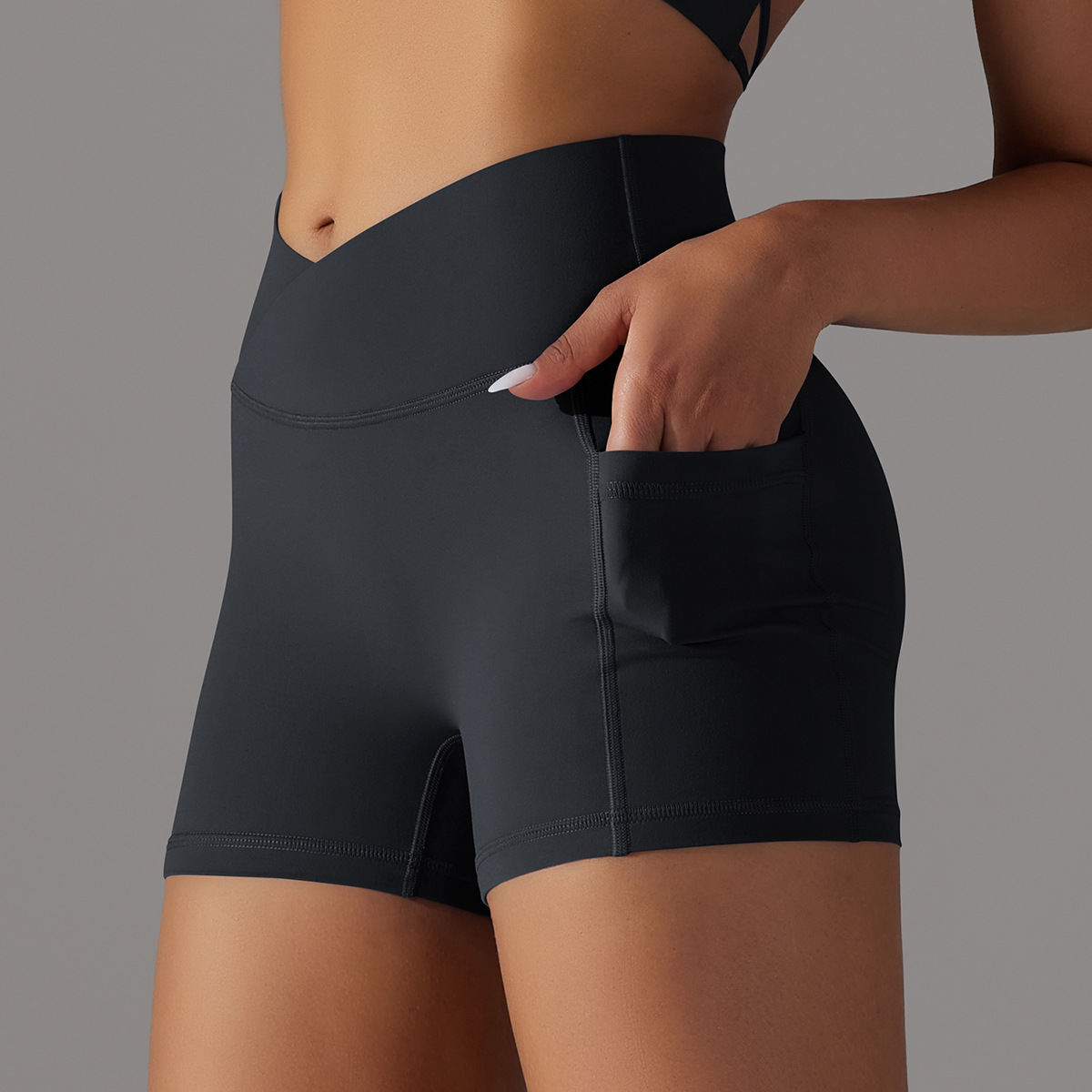 Yoga Shorts Double-Sided Nylon Brushed Cross V Waist Pocket Fitness ...