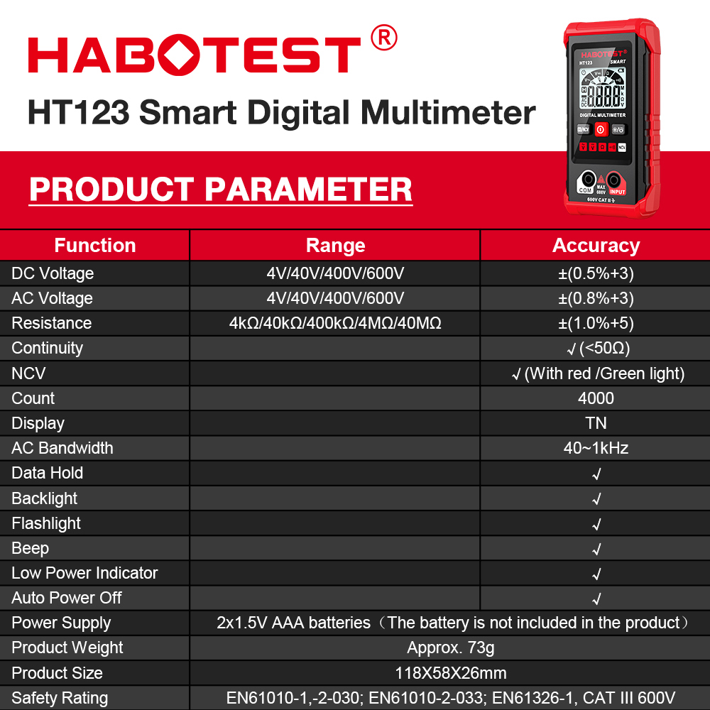 HABOTEST HT123 Digital Multimeter 600V AC/DC 4000 Counts High-Precision ...