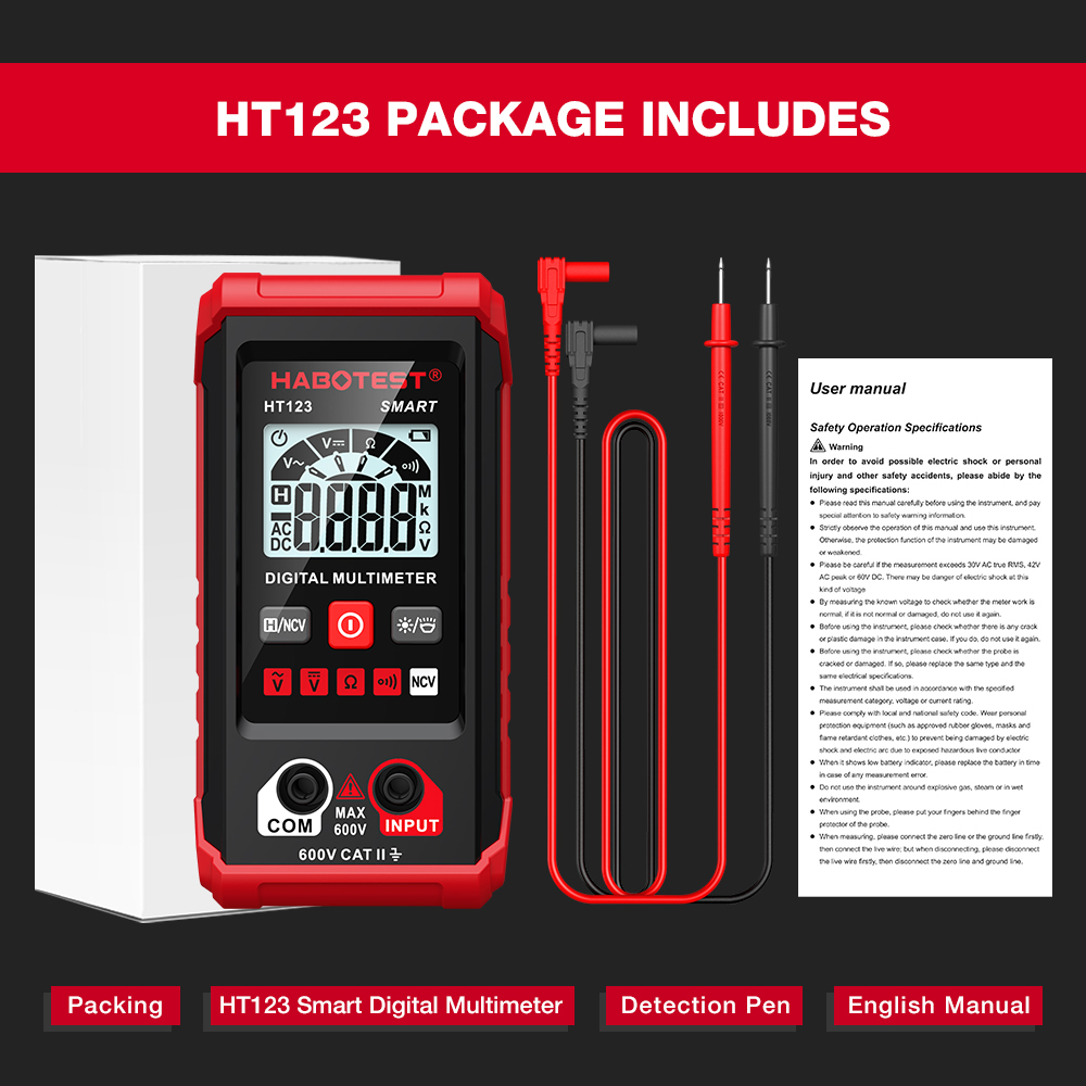 HABOTEST HT123 Digital Multimeter 600V AC/DC 4000 Counts High-Precision ...