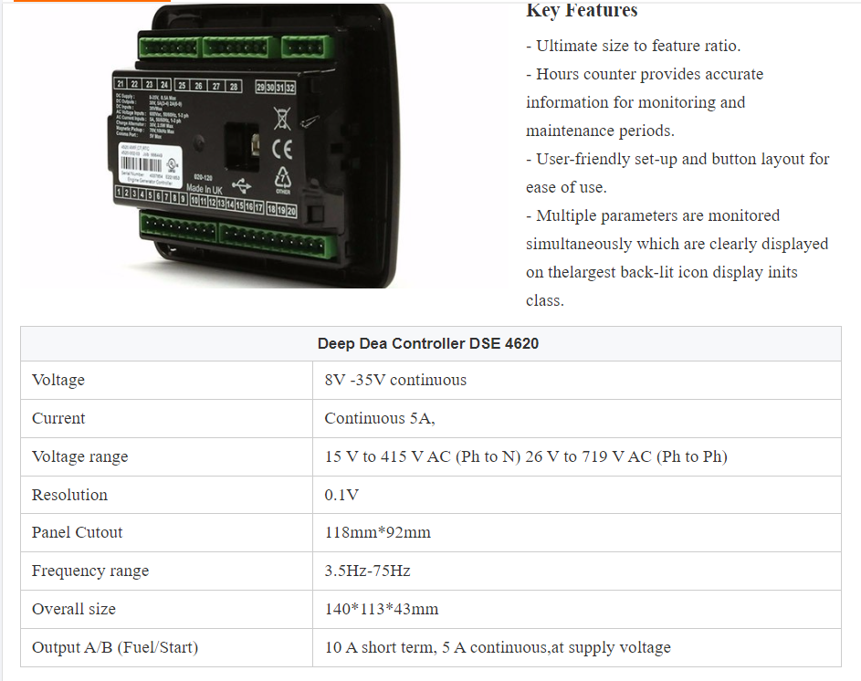 Deep Sea DSE4620 Generator Controller | LCD Display | Auto Mains ...