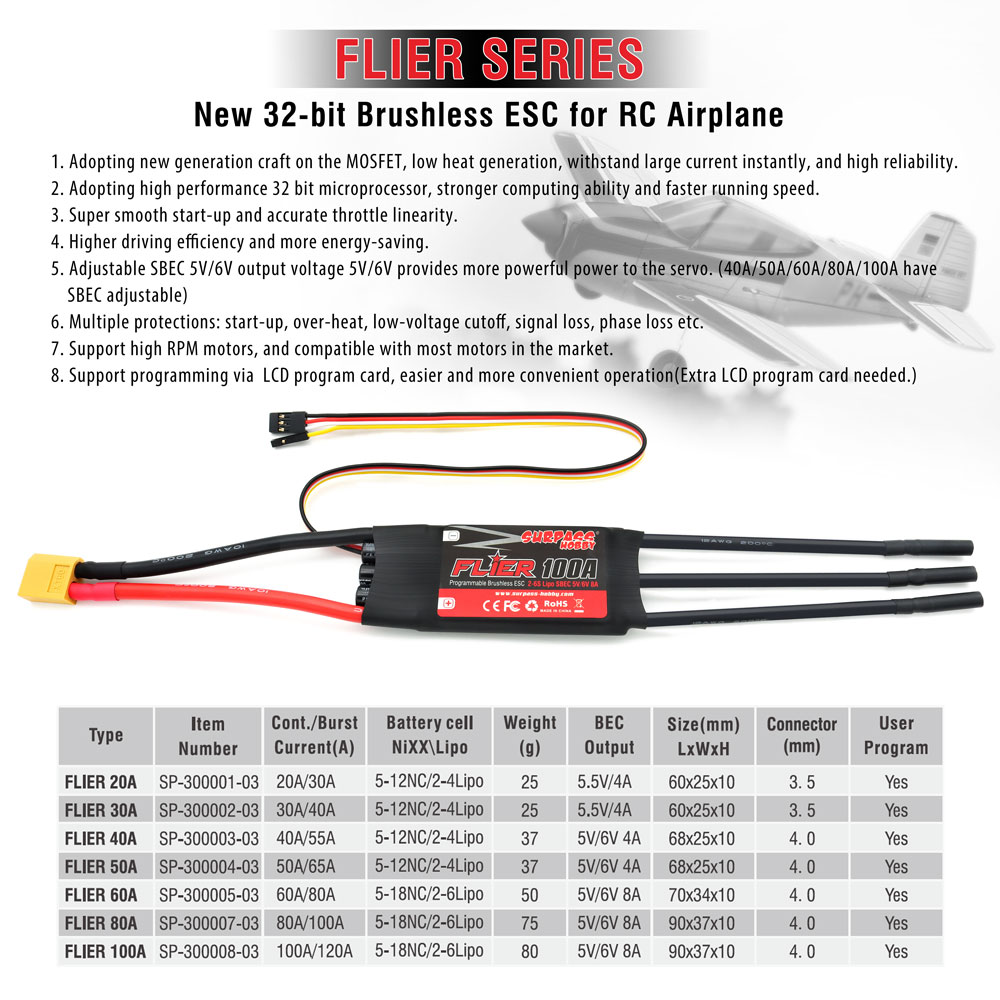 SURPASS HOBBY Flier 20A 30A 40A 50A 60A 80A 100A Brushless ESC Speed Controller with BEC 2-6S ...