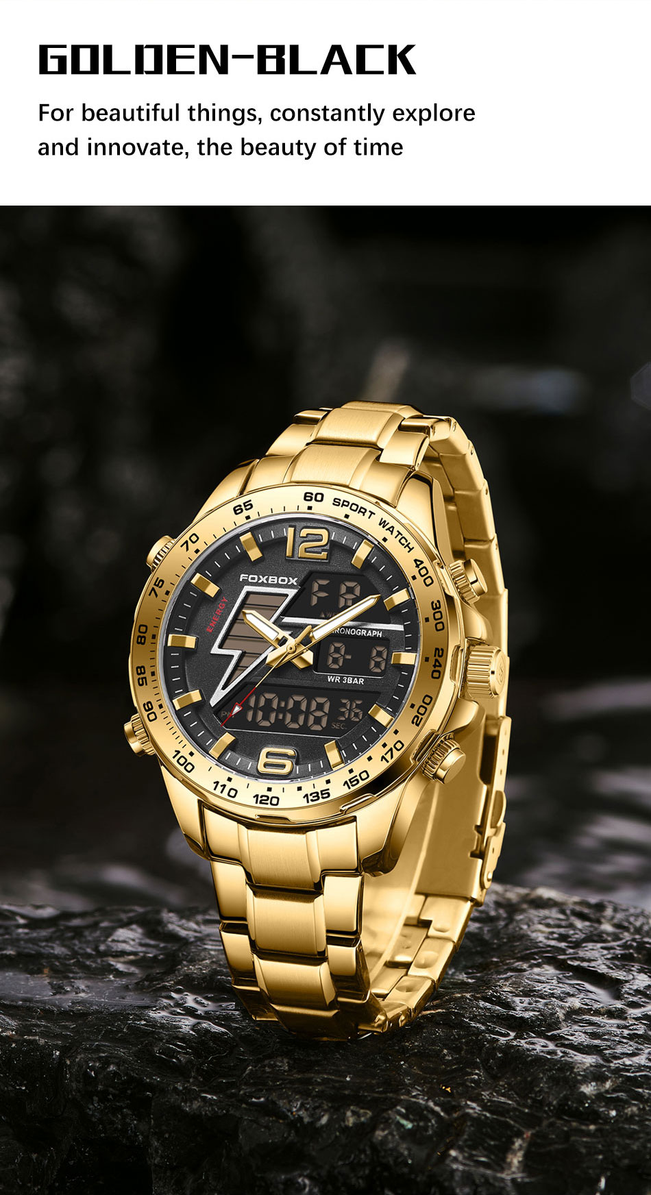 FOXBOX Watches For Men Original Quartz Stainless Steel Waterproof Gold ...