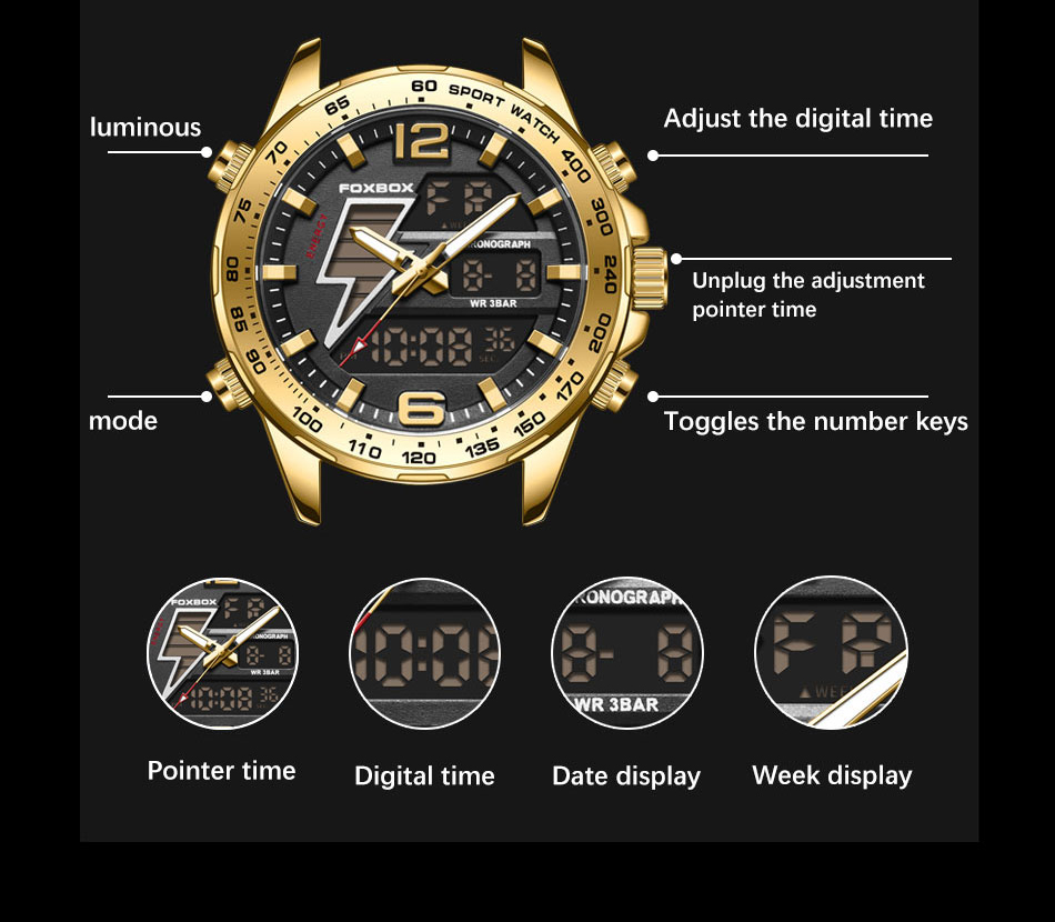 FOXBOX Watches For Men Original Quartz Stainless Steel Waterproof Gold ...