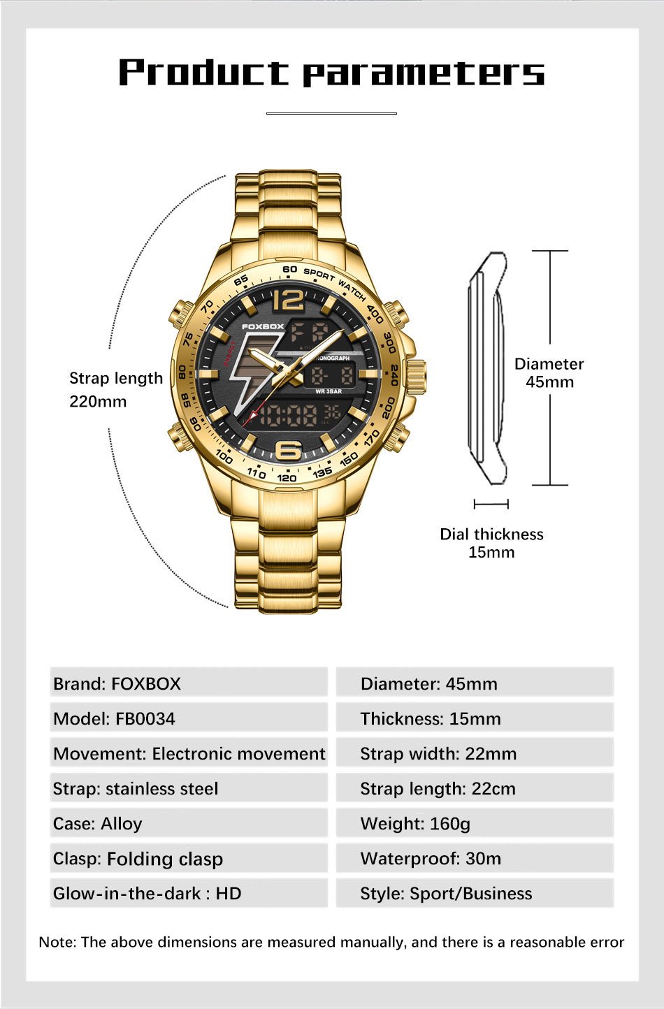 FOXBOX Watches For Men Original Quartz Stainless Steel Waterproof Gold ...