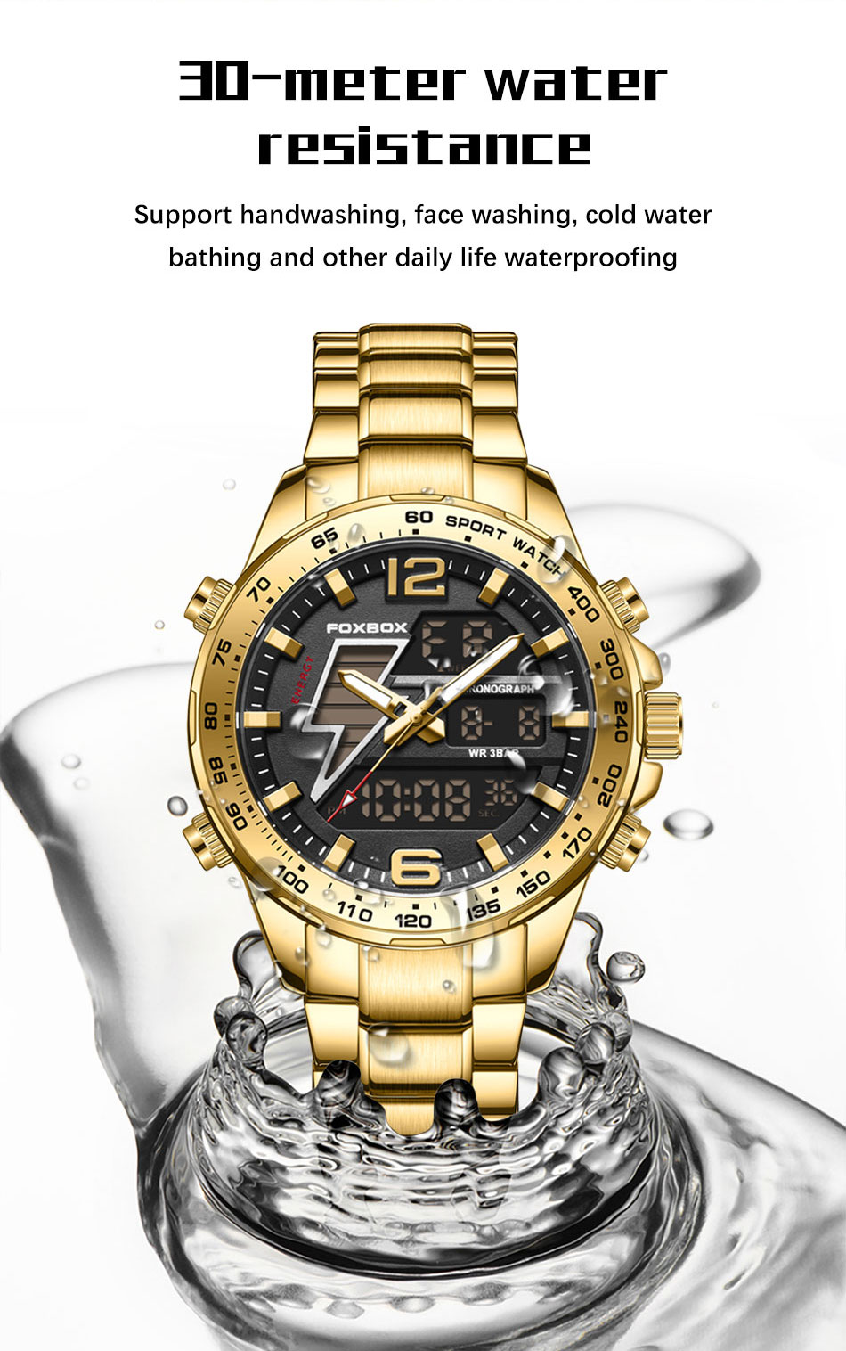 FOXBOX Watches For Men Original Quartz Stainless Steel Waterproof Gold ...