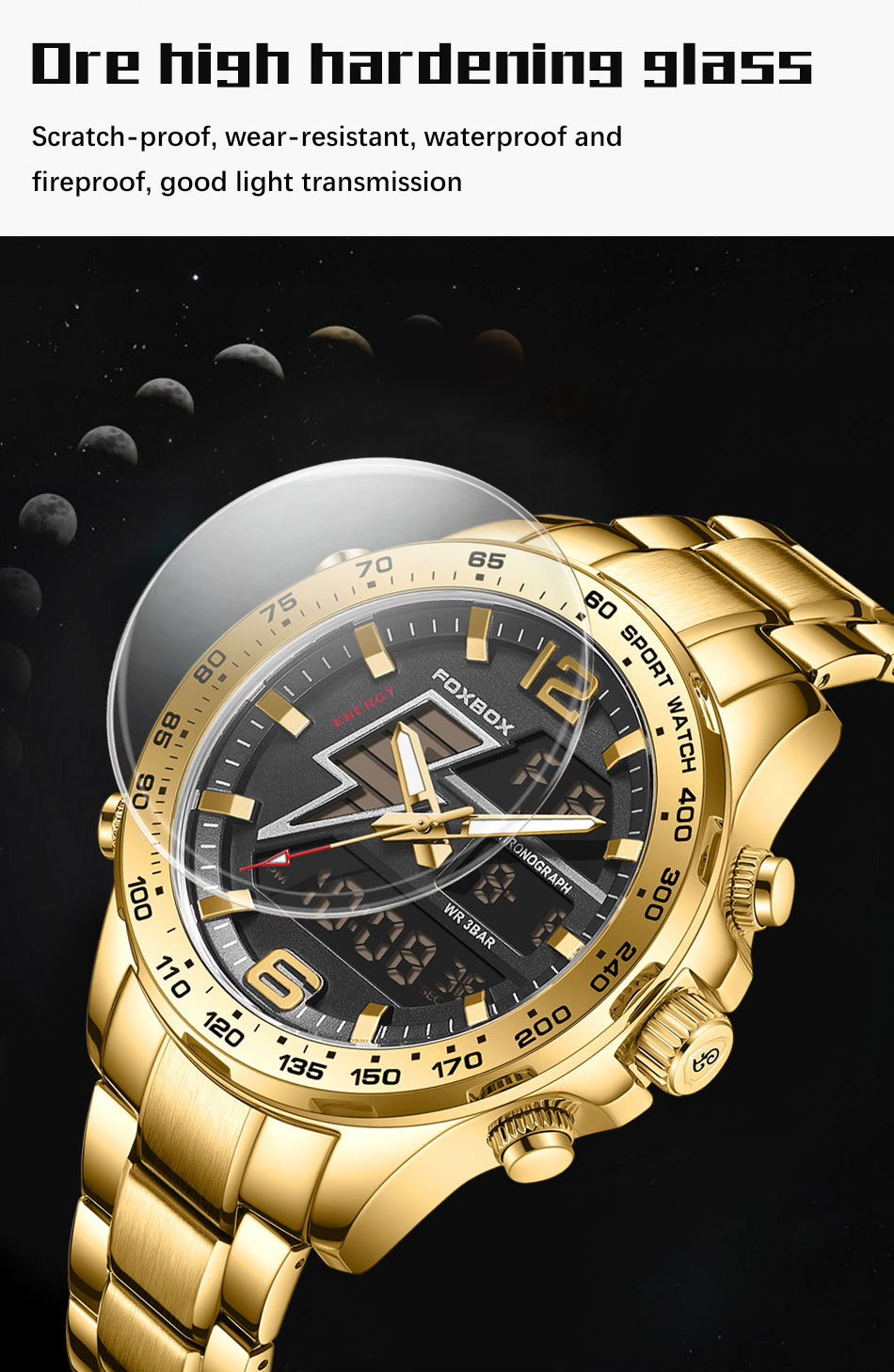 FOXBOX Watches For Men Original Quartz Stainless Steel Waterproof Gold ...