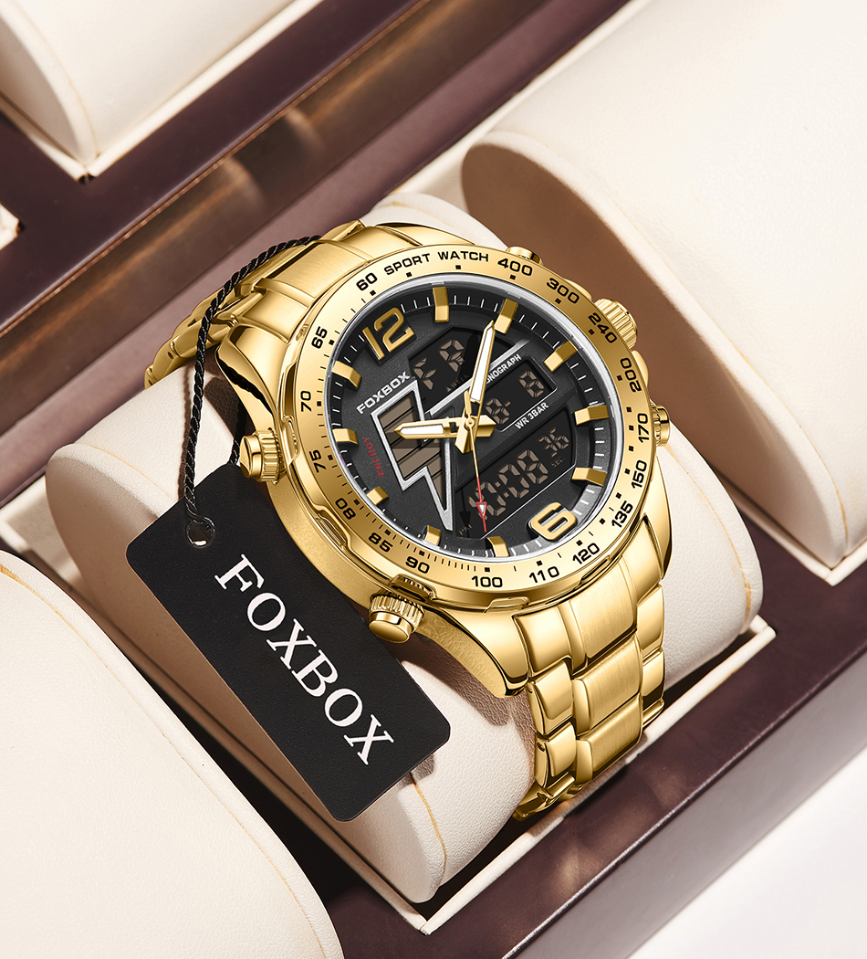 FOXBOX Watches For Men Original Quartz Stainless Steel Waterproof Gold ...