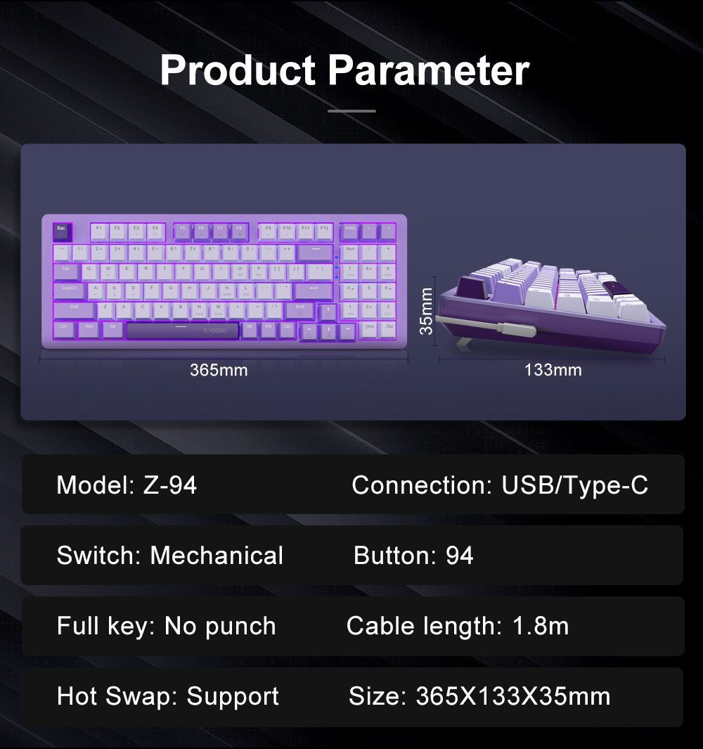 E-YOOSO Z94 USB Mechanical Gaming Keyboard Wired Monochrome Backlit 94 ...
