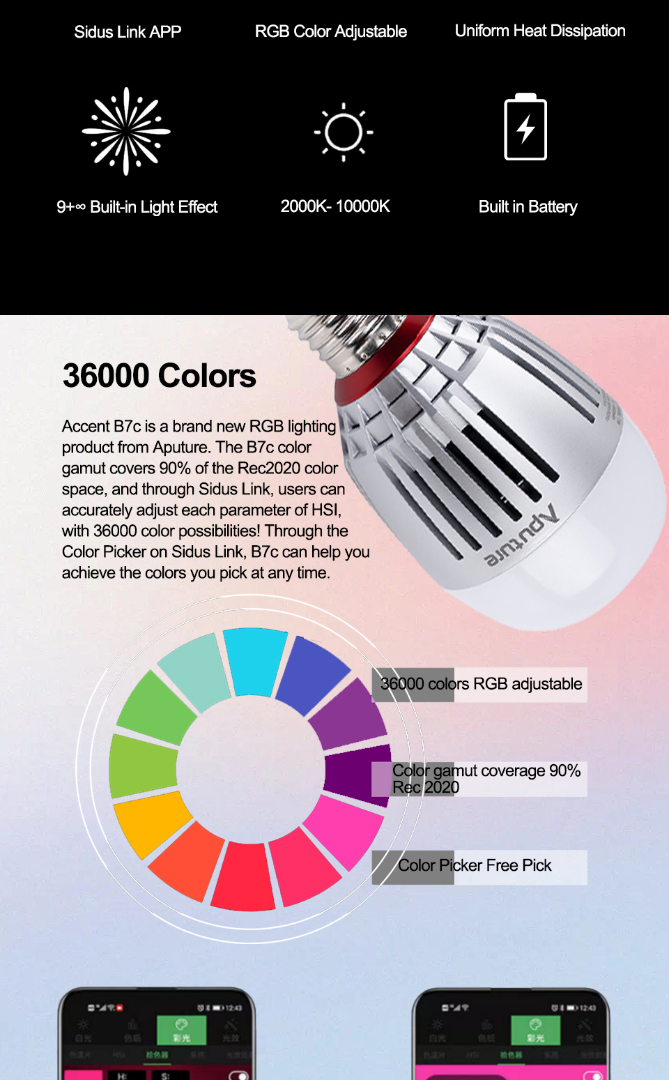 Aputure Accent B7C 7W RGBWW LED Smart Bulb 2000-10000K Rechargeable ...