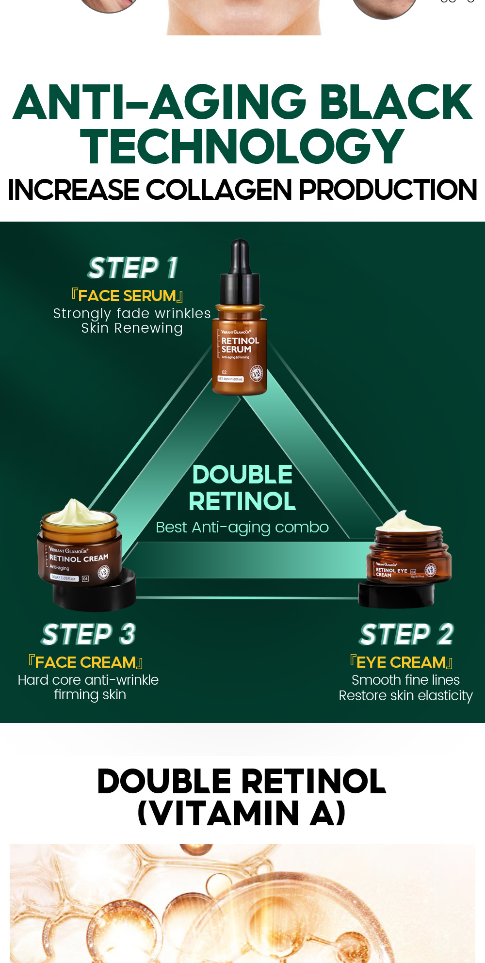 VIBRANT GLAMOUR Retinol Set Face Cream+Facial Serum+Eye Cream Double ...