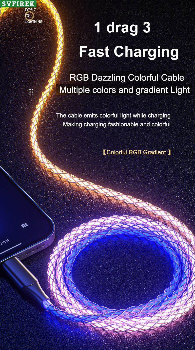 3 in 1 6A Fast Charging Cable 100W RGB Illusion Streamer USB Cable USB ...