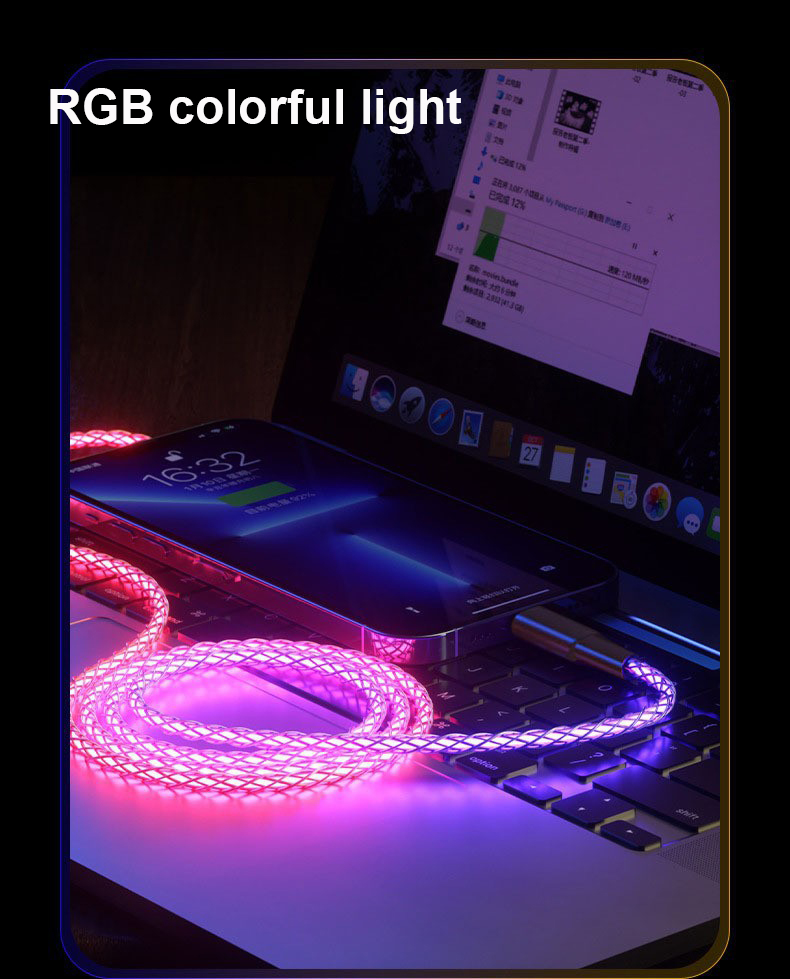 3 in 1 6A Fast Charging Cable 100W RGB Illusion Streamer USB Cable USB ...