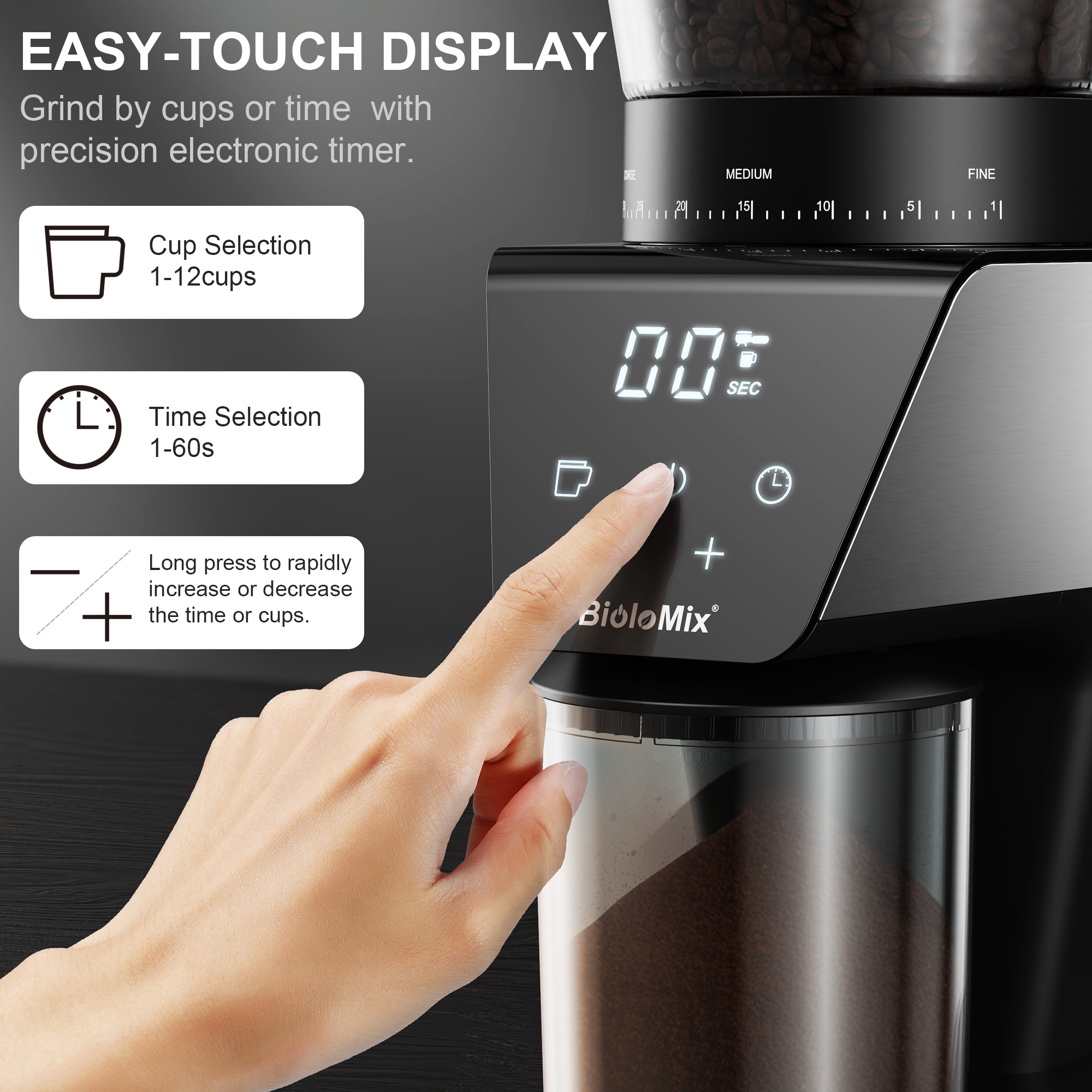 Biolomix Conical Burr Coffee Grinder with Digital Timer Display ...