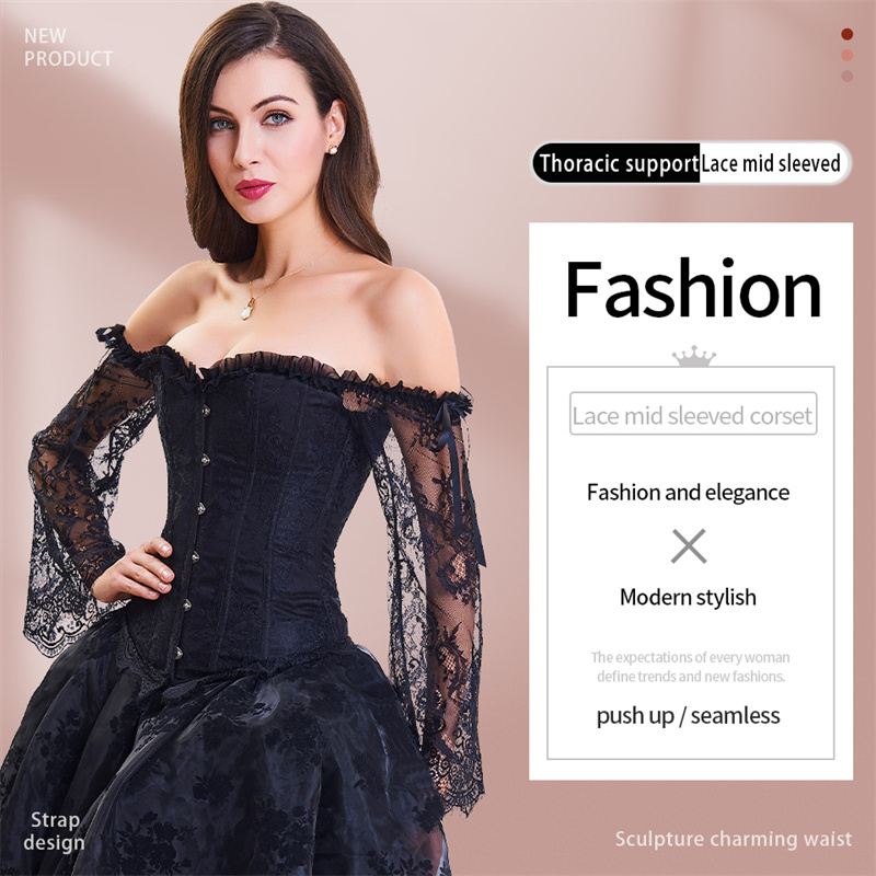 WECHERY Women Lace Off Shoulder Crop Top Overbust Corset Long Sleeve ...