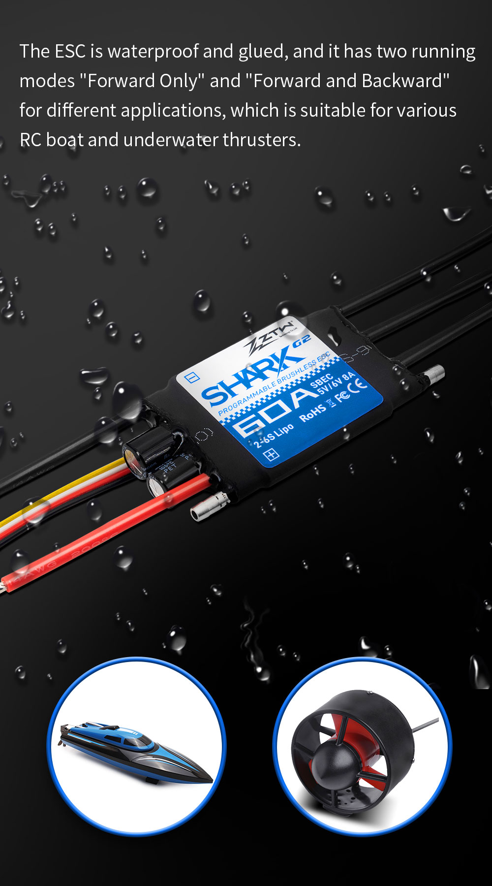ZTW 32-Bit ESC Shark G2 20A/30A/40A/50A/60A/80A/100A 2-6S SBEC 5V/6V 8A ...