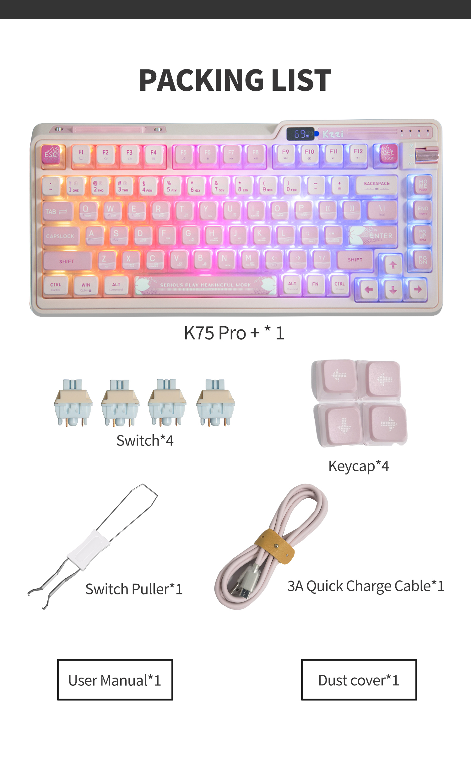 KZZI Kezhi K75 Pro+ Sakura Pink Wireless Three-Mode Mechanical Keyboard ...