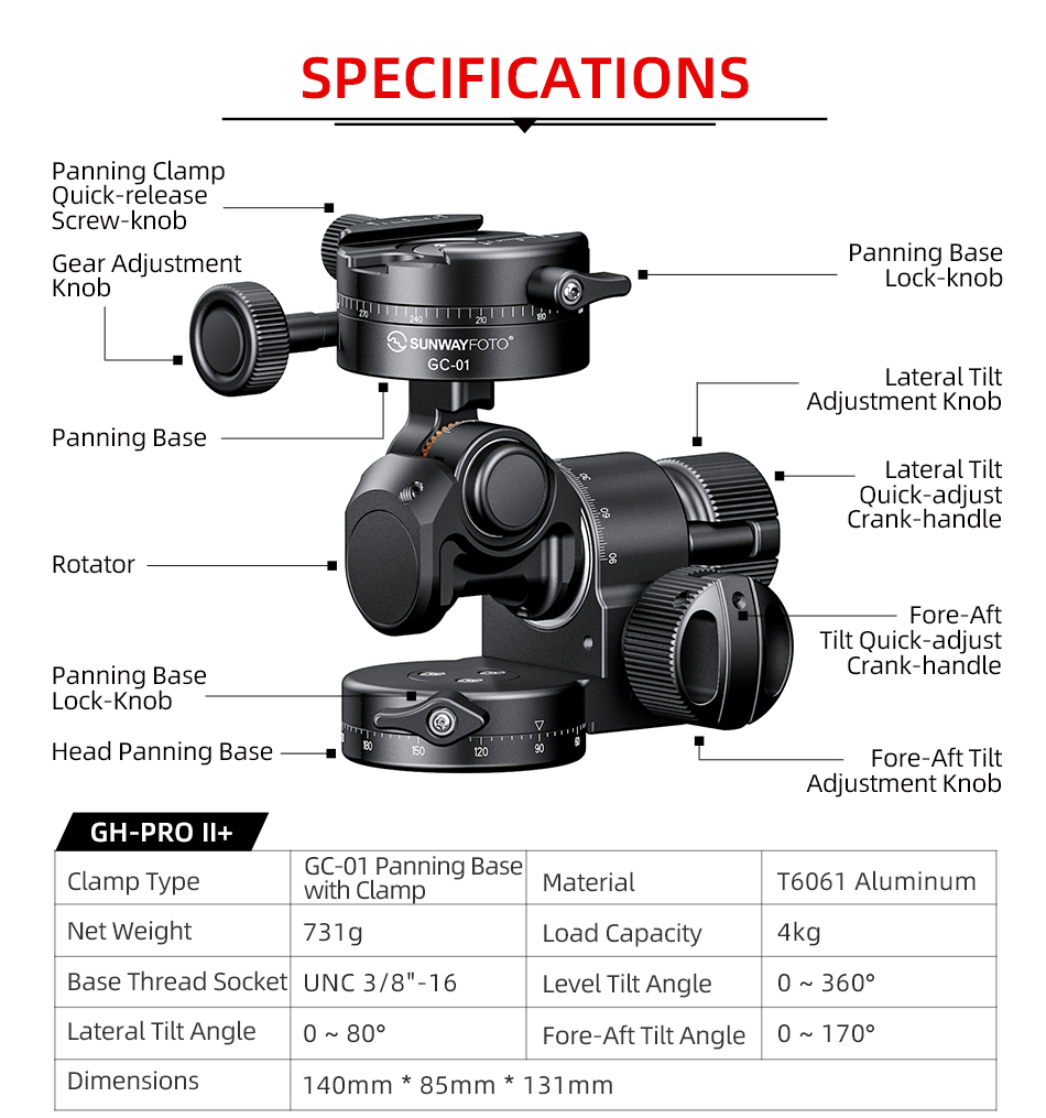 SUNWAYFOTO GH-PRO II GH-PRO II+ Panorama Head Arca Swiss Tripod Gear ...
