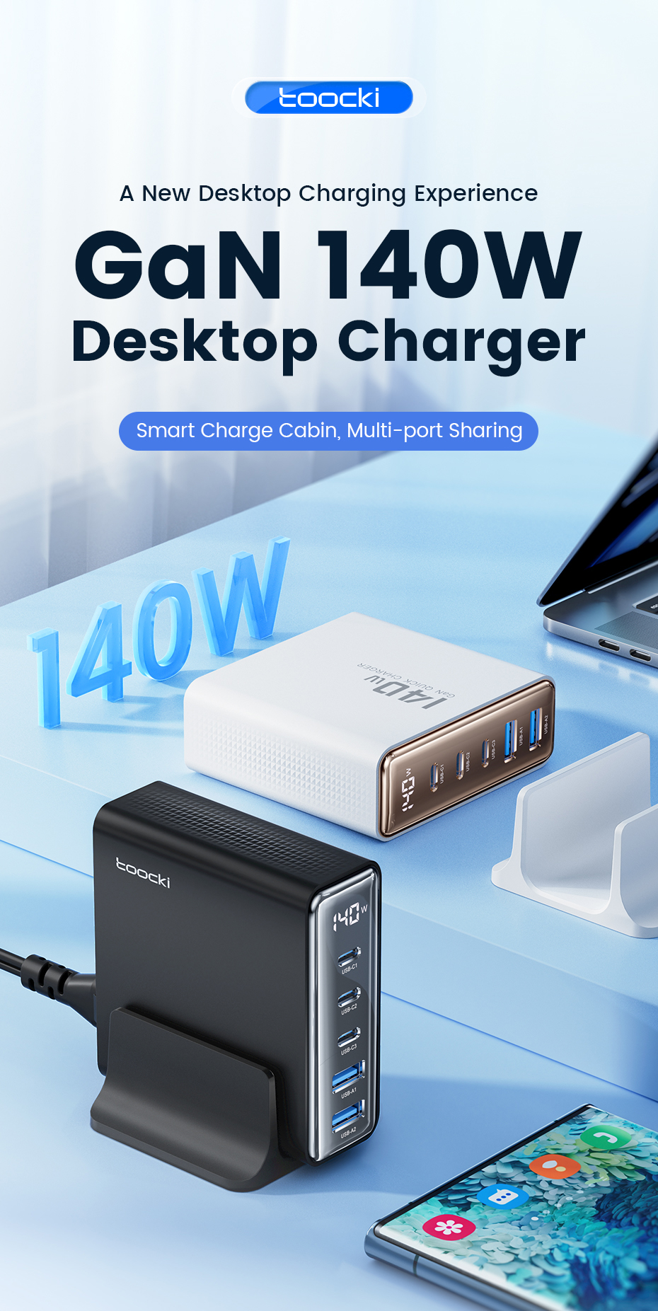 Toocki 140W GaN Charger 5 Ports USB Type C PD3.1 QC4.0 Fast Charge For ...