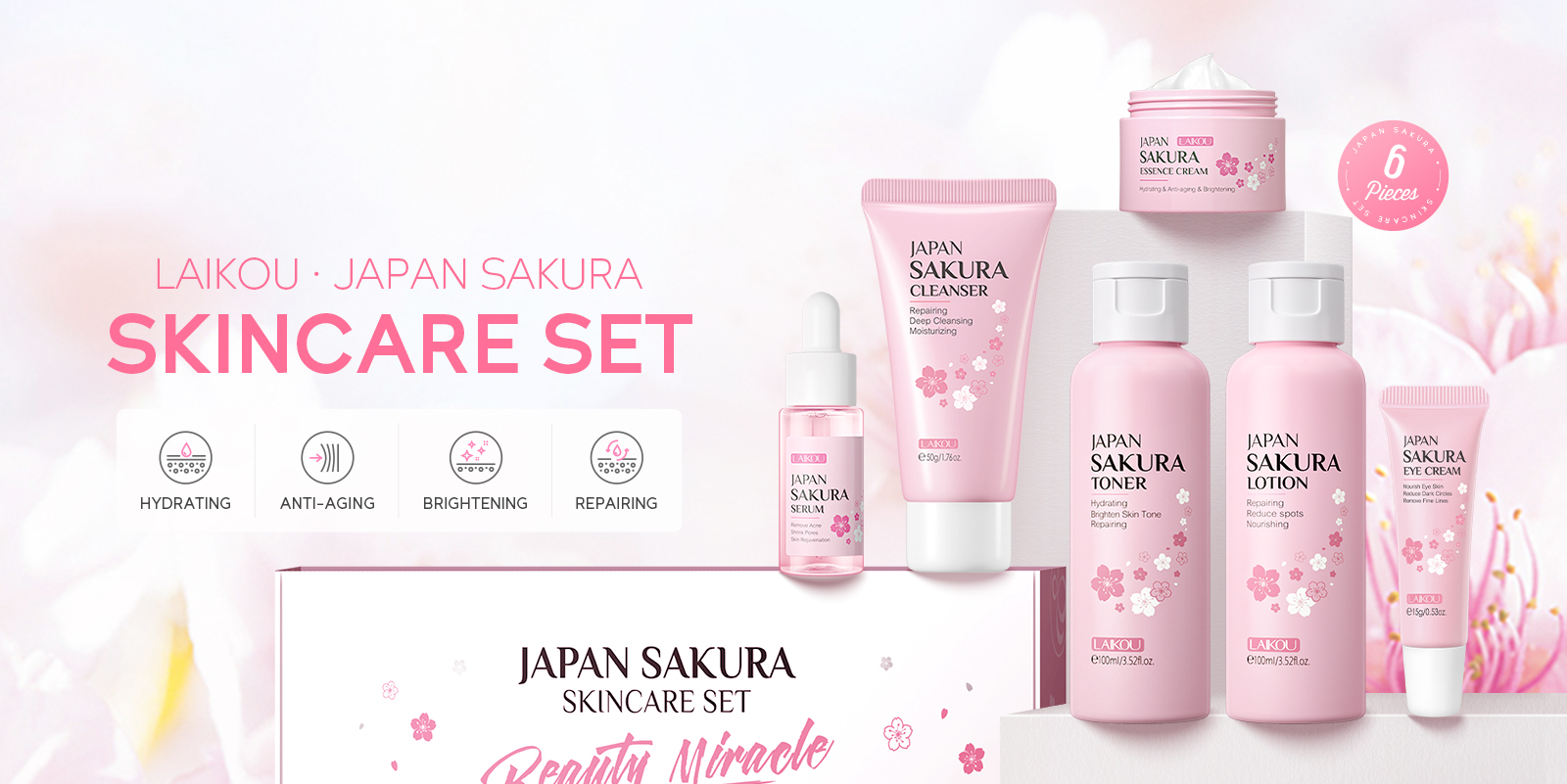 【Free Gift】LAIKOU Japan Sakura Skincare Set Essence Hydrating ...