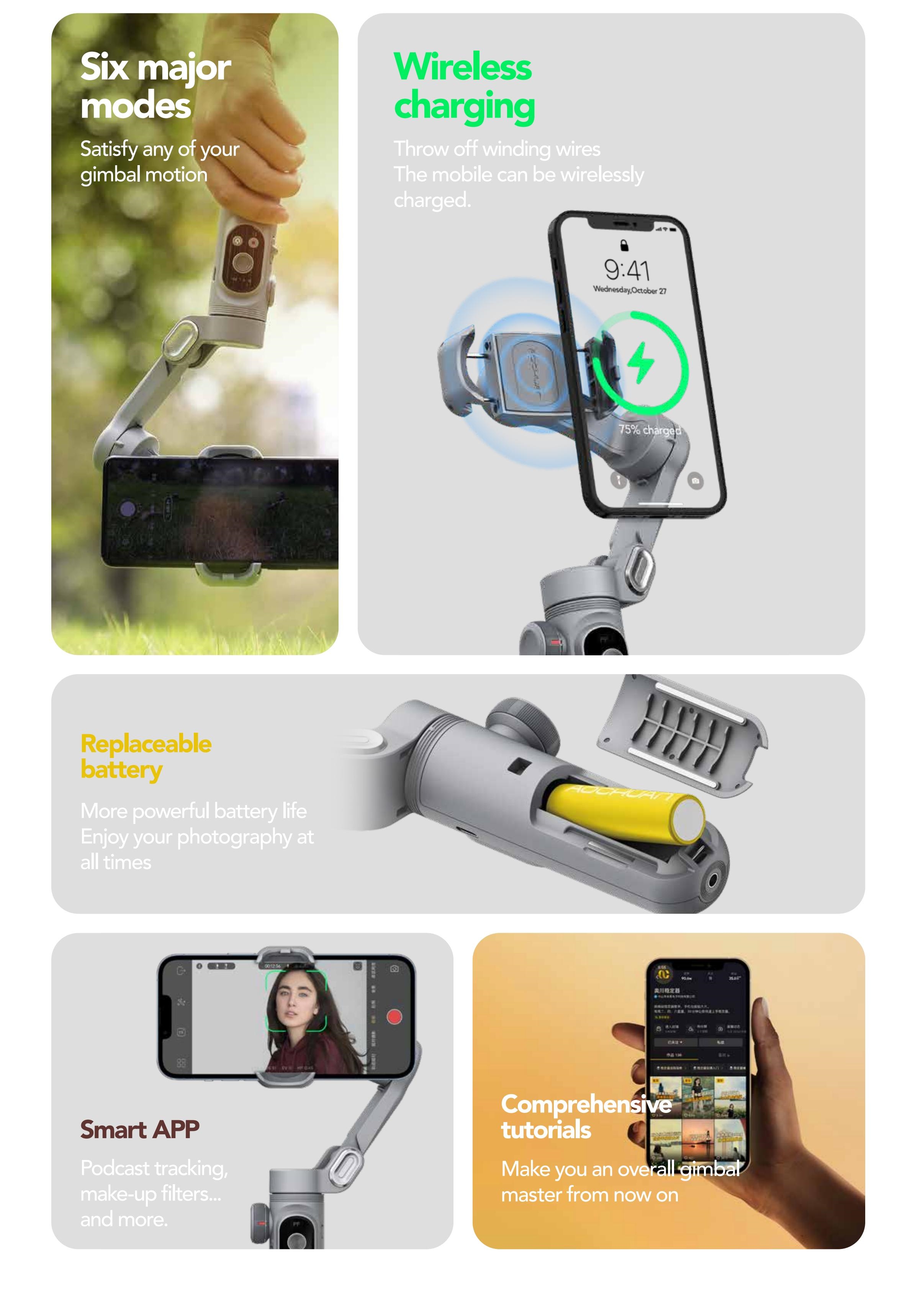 AOCHUAN Smart XPro 3-Axis Foldable Handheld Gimbal Stabilizer With Fill Light Wireless Charging ...