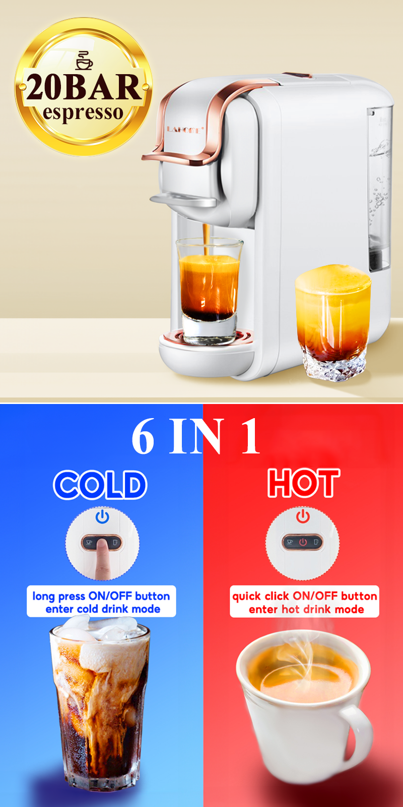LAhome Smart Capsule Coffee Maker Machine 6 In 1 Espresso Nespresso ...