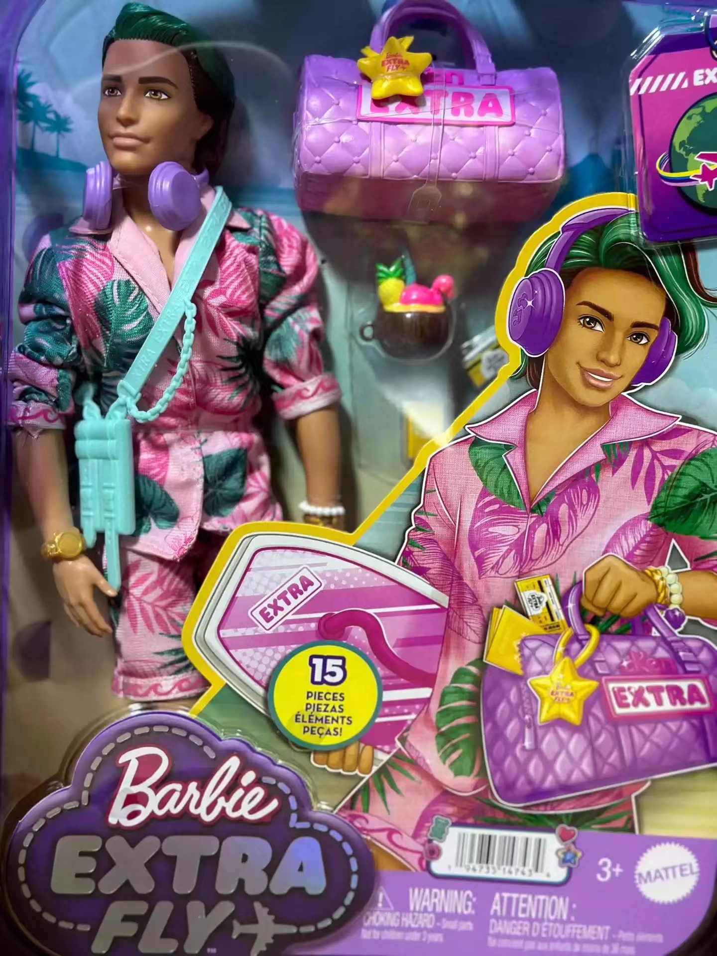 Barbie Extra Fly Ken Doll with Beach-Themed Travel Clothes ...