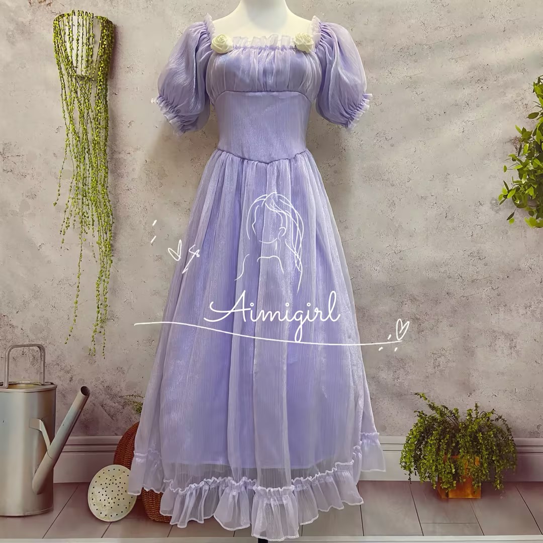 Tea Break French Princess Style Purple Bubble Sleeve Dress Women's New ...